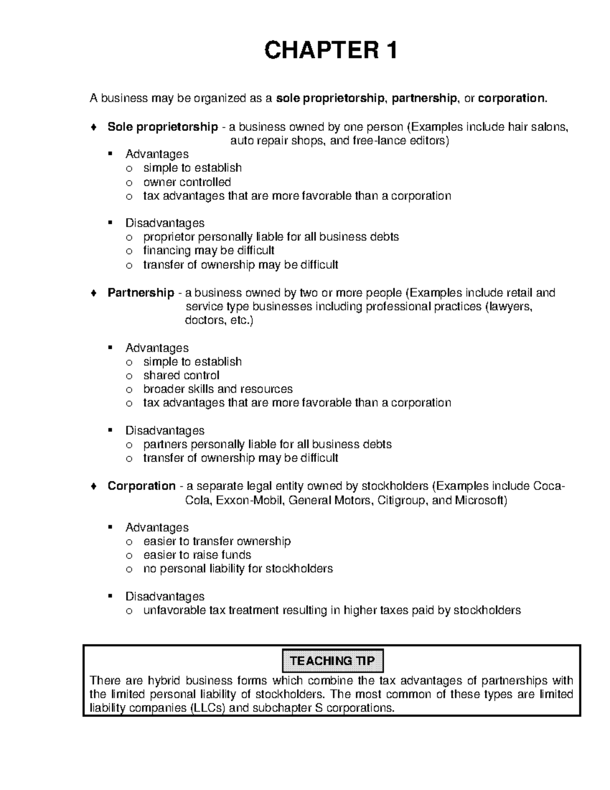 Chapter 1 Reading Notes - CHAPTER 1 A business may be organized as a ...