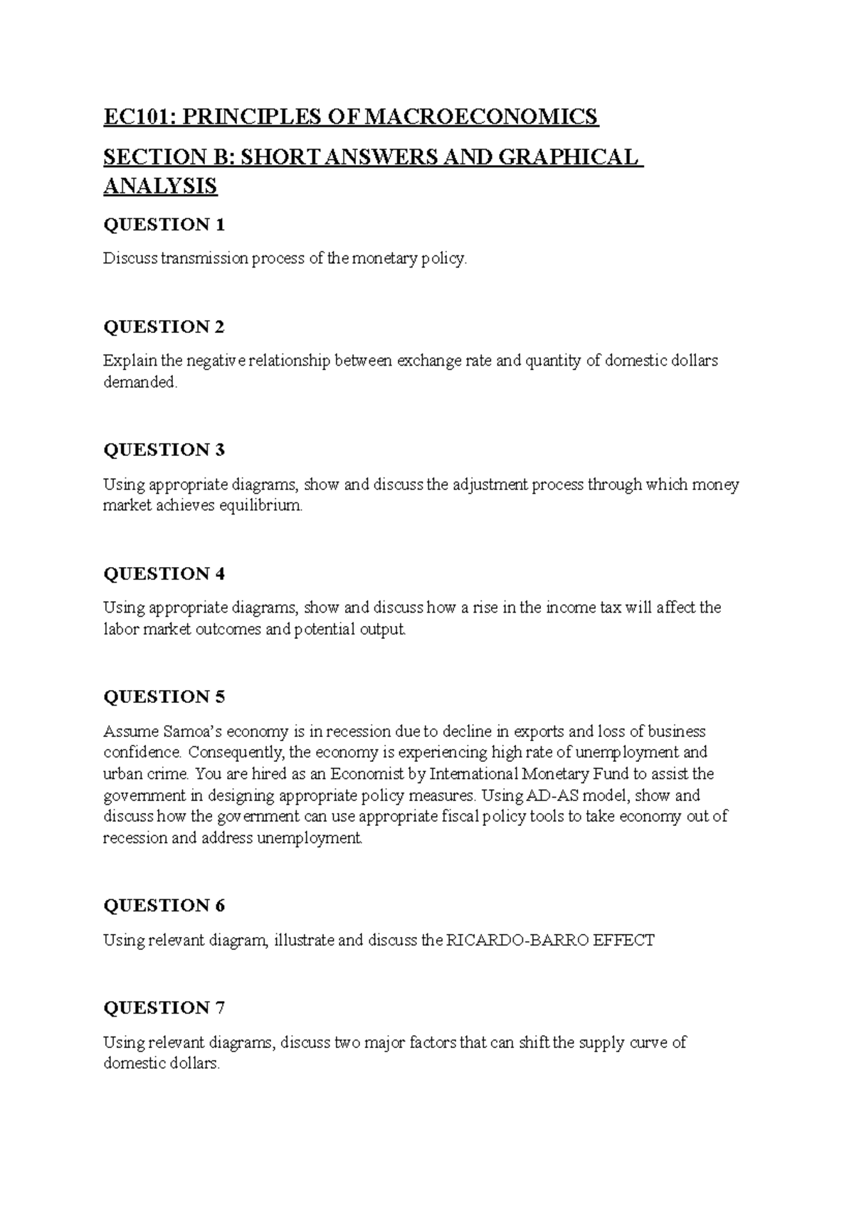 EC101- Short Answers AND Graphical Analysis ( Semester 2,2018 ) - EC101 ...