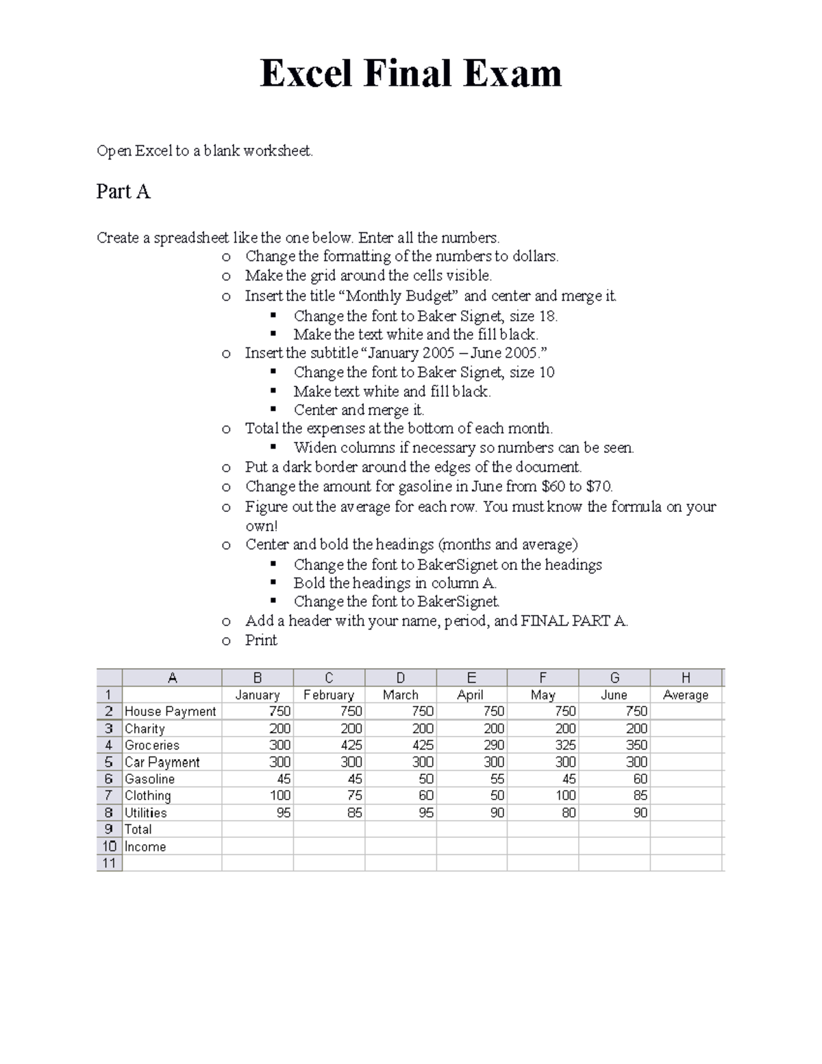 Excel Final Exam - Excel Final Exam Open Excel to a blank worksheet ...
