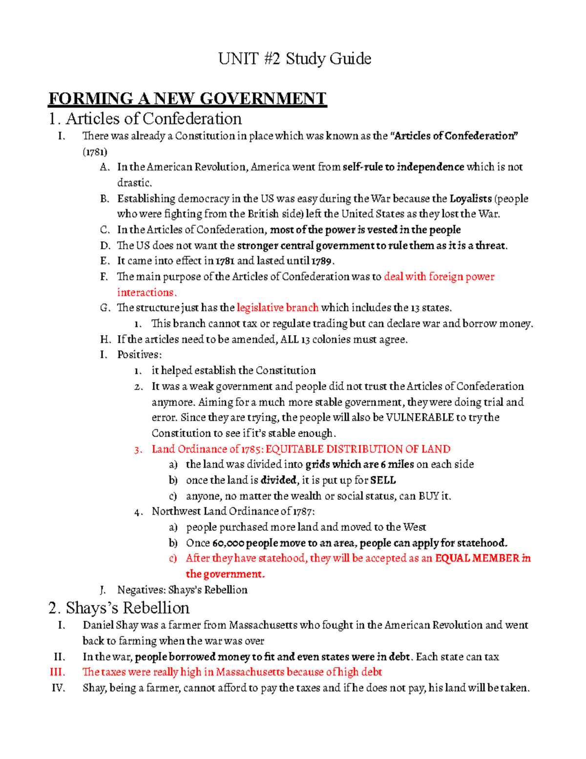 UNIT#2 Study Guide History Honors - UNIT #2 Study Guide FORMING A NEW GOVERNMENT 1. Articles of ...