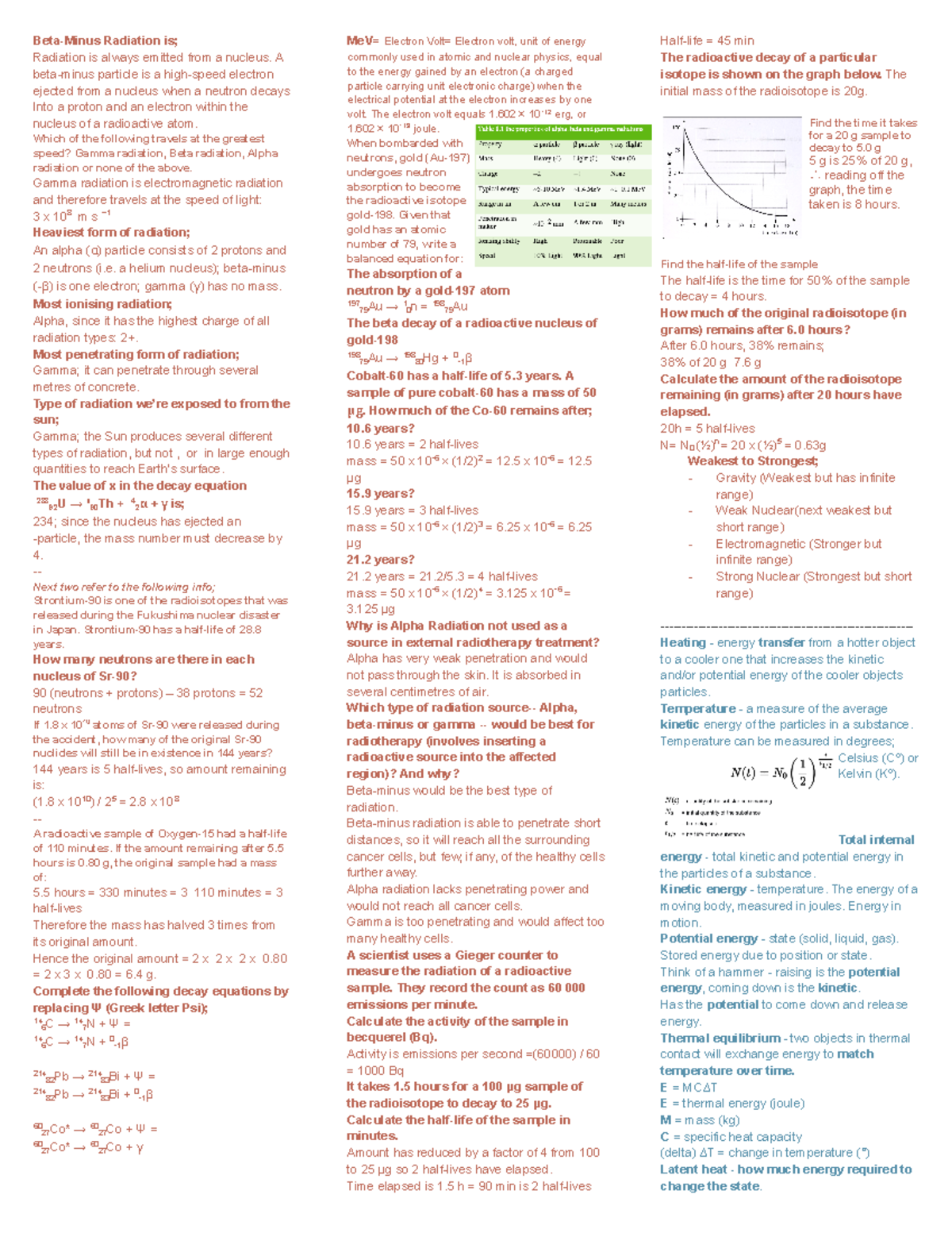 Physics cheat sheet entirety.of.semester - Beta-Minus Radiation is; Radiation is always emitted ...