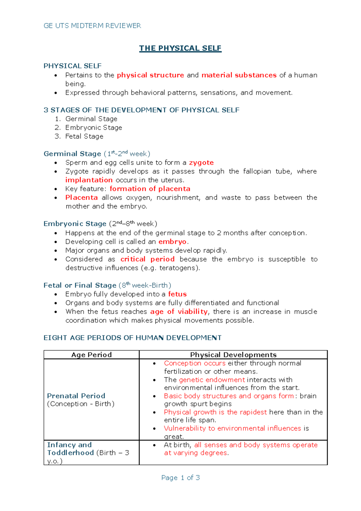 GE UTS Midterm Reviewer - GE UTS MIDTERM REVIEWER Page 1 of 3 THE PHYSICAL SELF PHYSICAL SELF ...