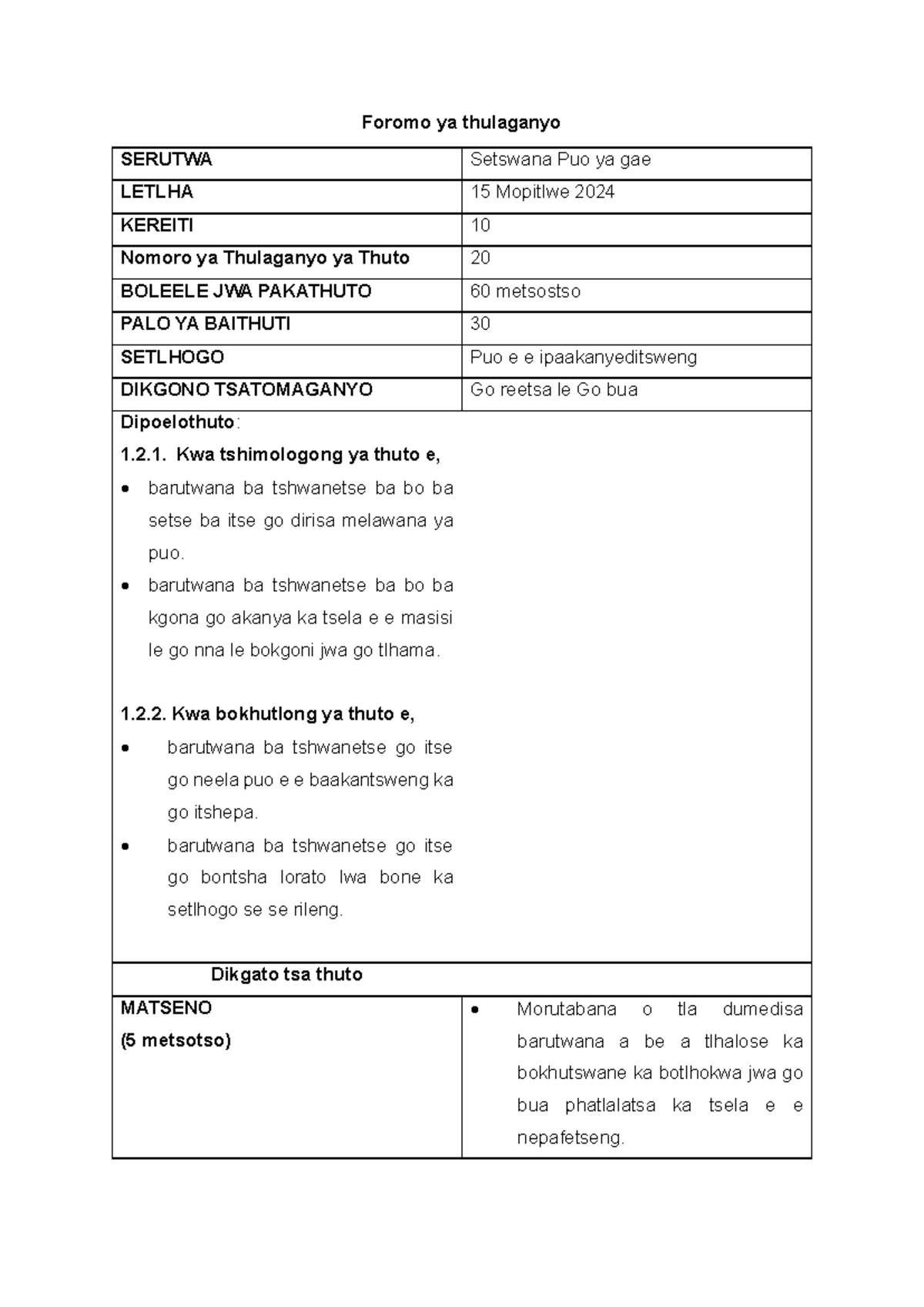 Foromo ya thulaganyo - Foromo ya thulaganyo SERUTWA Setswana Puo ya gae ...