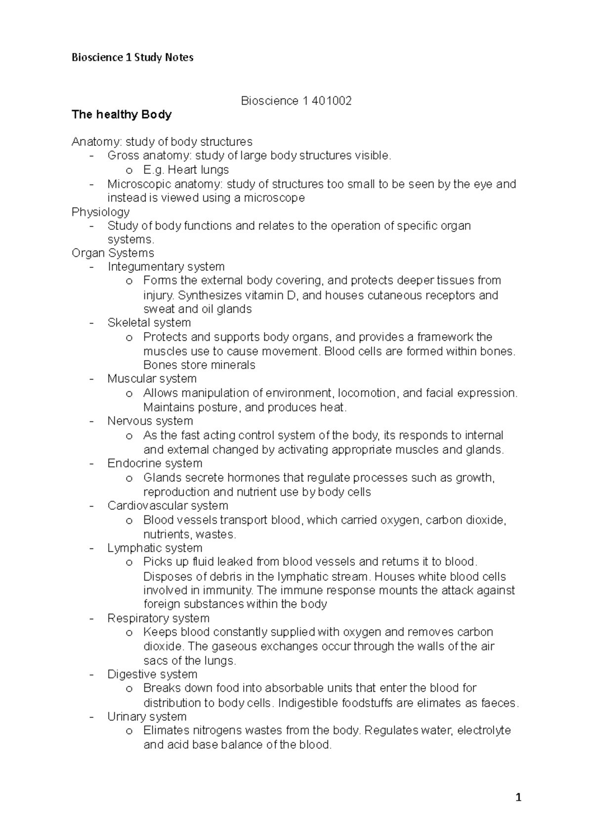 Bioscience 1 2017 - Bioscience 1 Study Notes Bioscience 1 401002 The ...