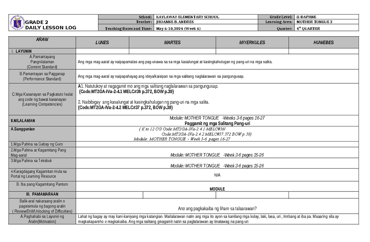 Q4MTB-2-WK6 - dll - GRADE 2 DAILY LESSON LOG School: KAYLAWAY ...