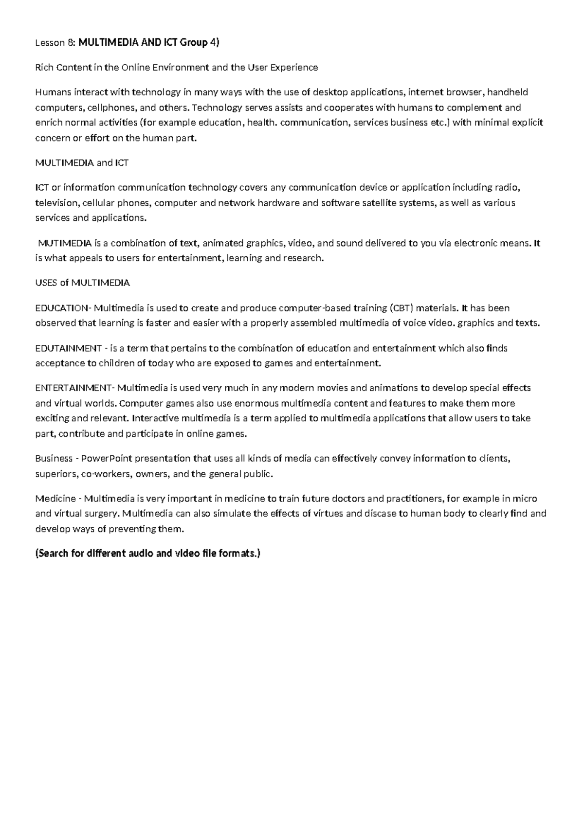 E-Tech-Lesson-8 Multimedia-and-ICT - Lesson 8: MULTIMEDIA AND ICT Group ...