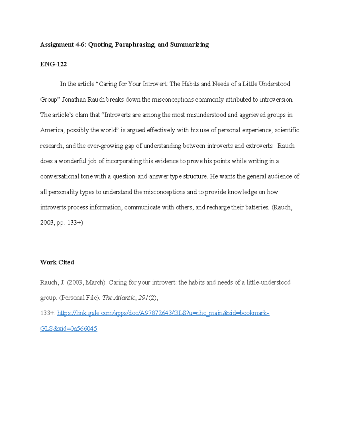 4-6 Assignment Quoting, Paraphrasing and Summarizing - Assignment 4-6: Quoting, Paraphrasing ...