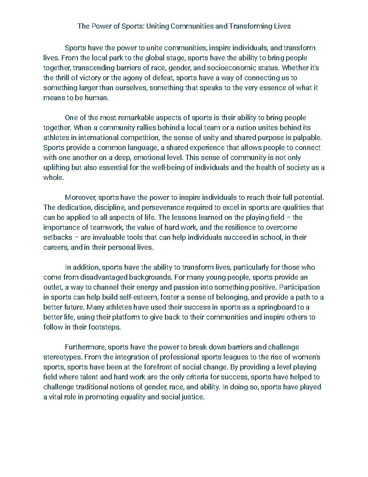 The Power of Sports Uniting Communities and Transforming Lives - From ...