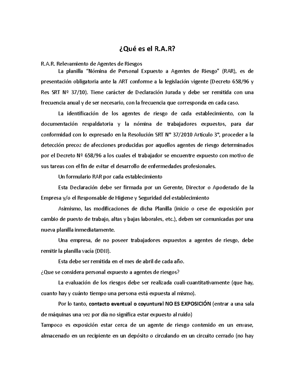 RAR - relevamiento de agentes de riesgo - ¿Qué es el R.A? R.A ...