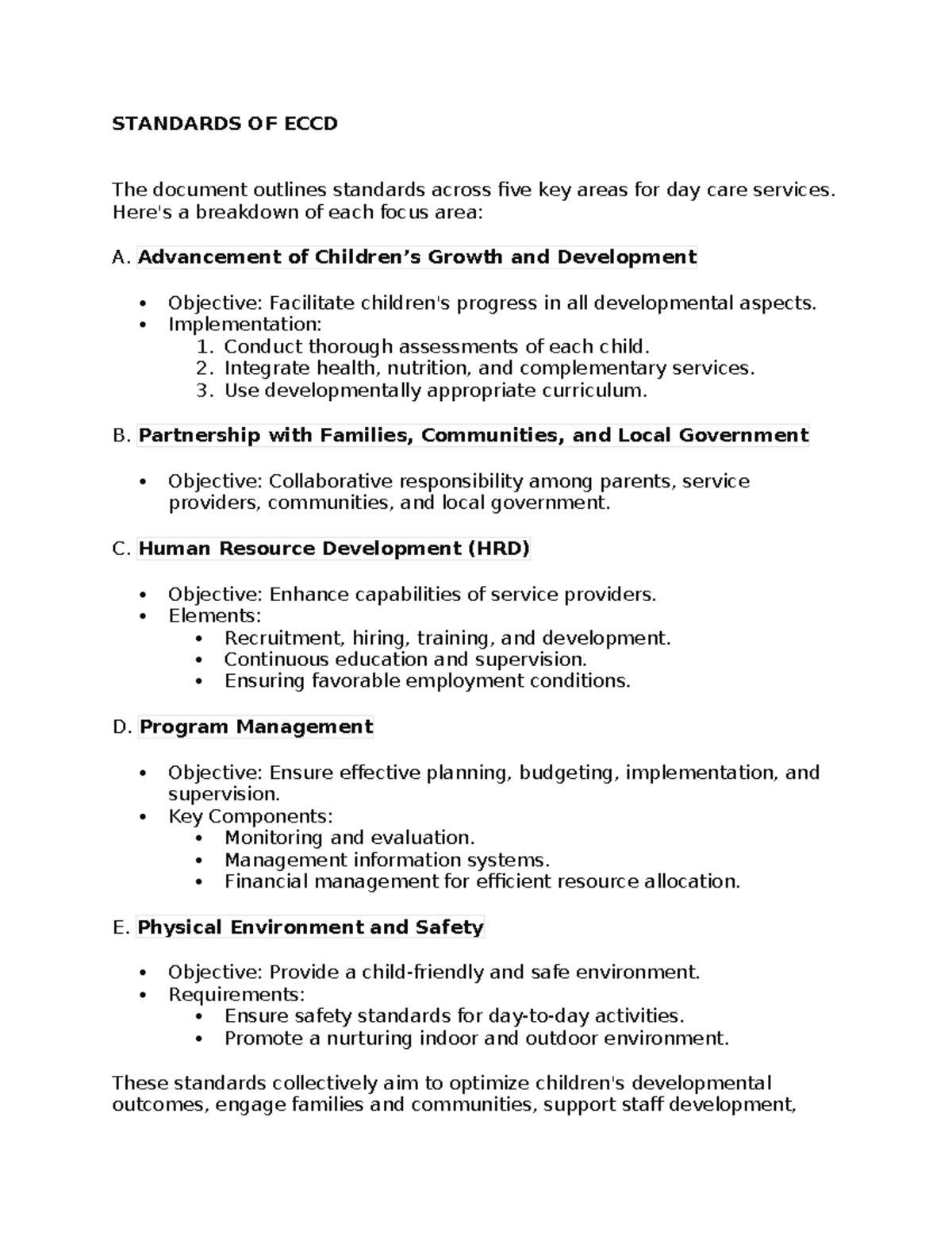 Standards OF ECCD - FYI - STANDARDS OF ECCD The document outlines ...