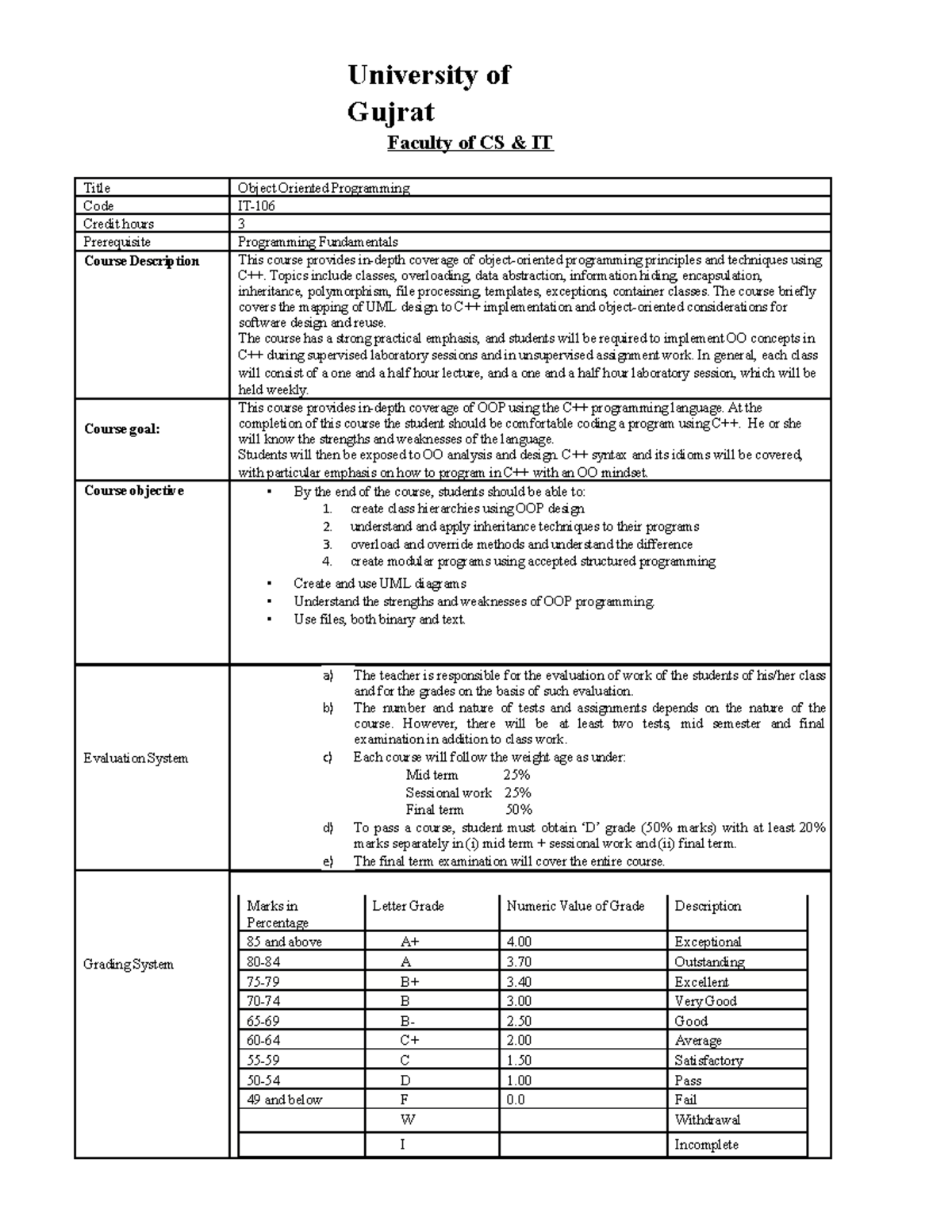 IT-106 Object Oriented Programming Outline - University of Gujrat Faculty of CS & IT Title - Studocu