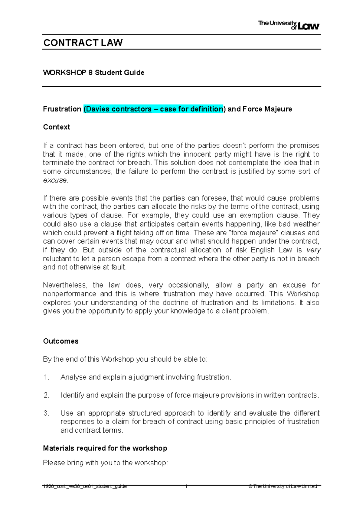 1920 cont ws08 ce01 student guide - CONTRACT LAW WORKSHOP 8 Student ...