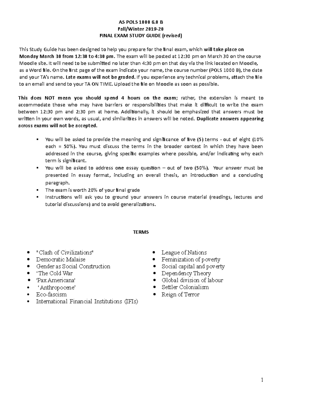 Pols 1000 final exam study guide - AS POLS 1000 6 B Fall/Winter 2019 ...
