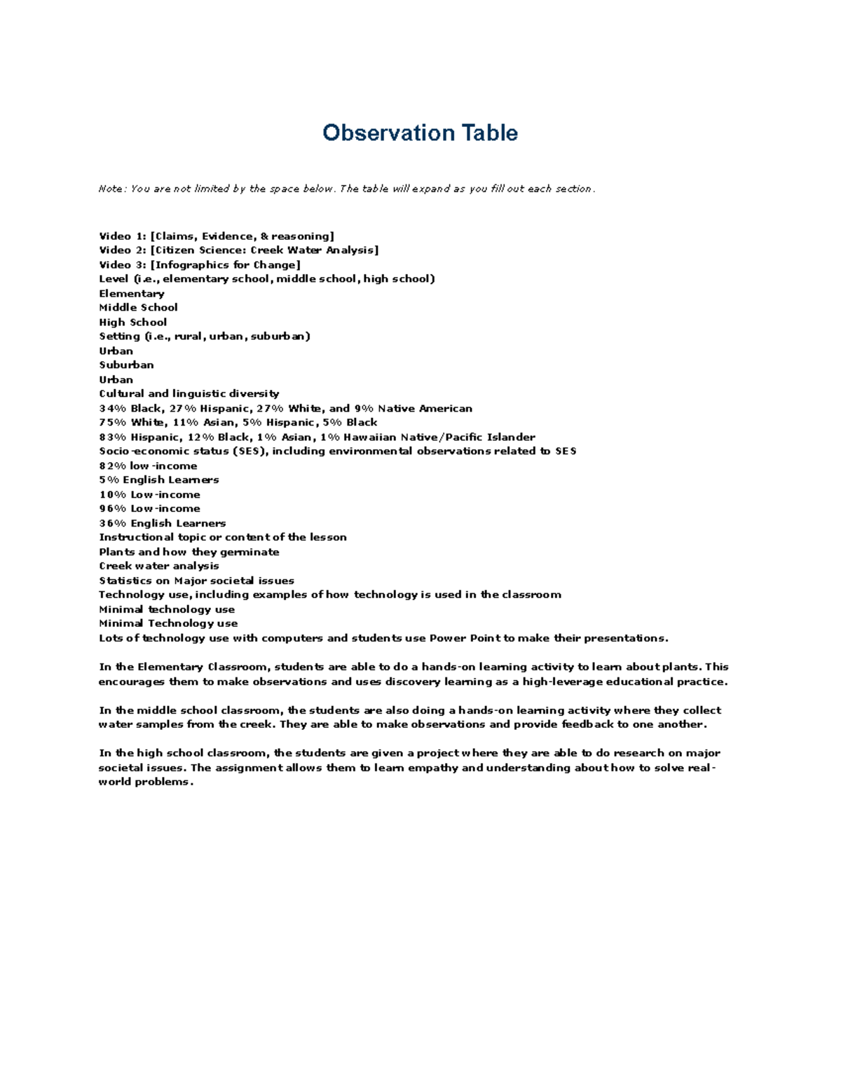 Observation Table - Observation Table Note: You are not limited by the ...