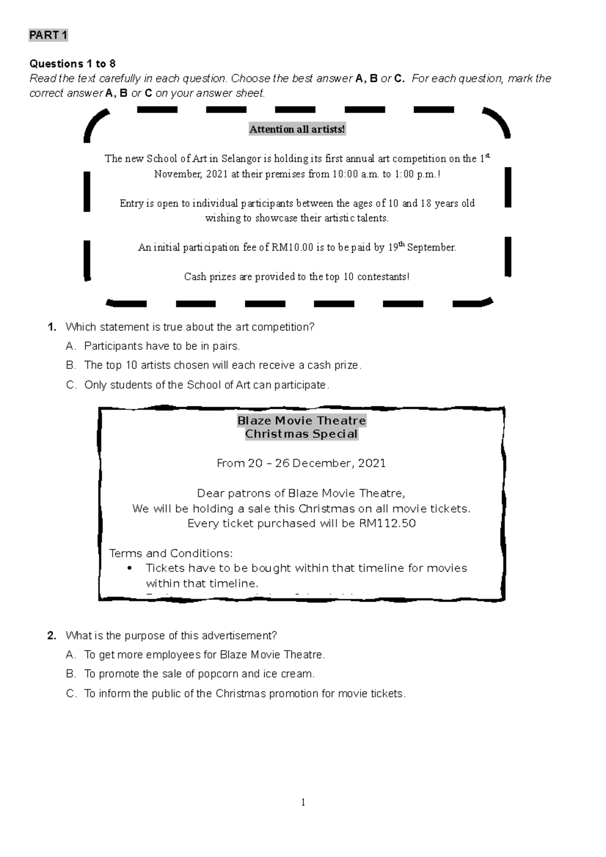 Year end paper 1 - PART 1 Questions 1 to 8 Read the text carefully in ...
