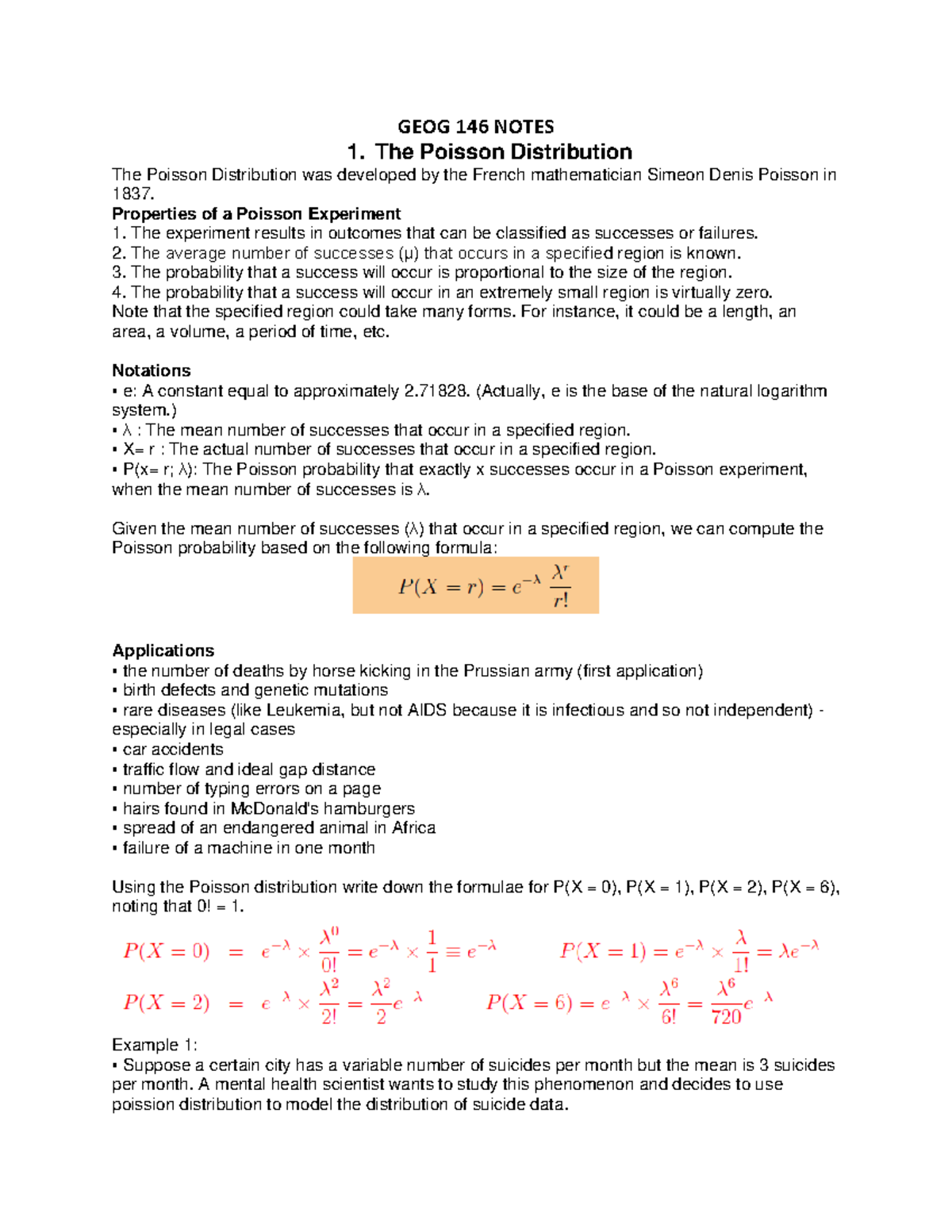 GEOG 146 Notes - GEOG 146 NOTES 1. The Poisson Distribution The Poisson ...