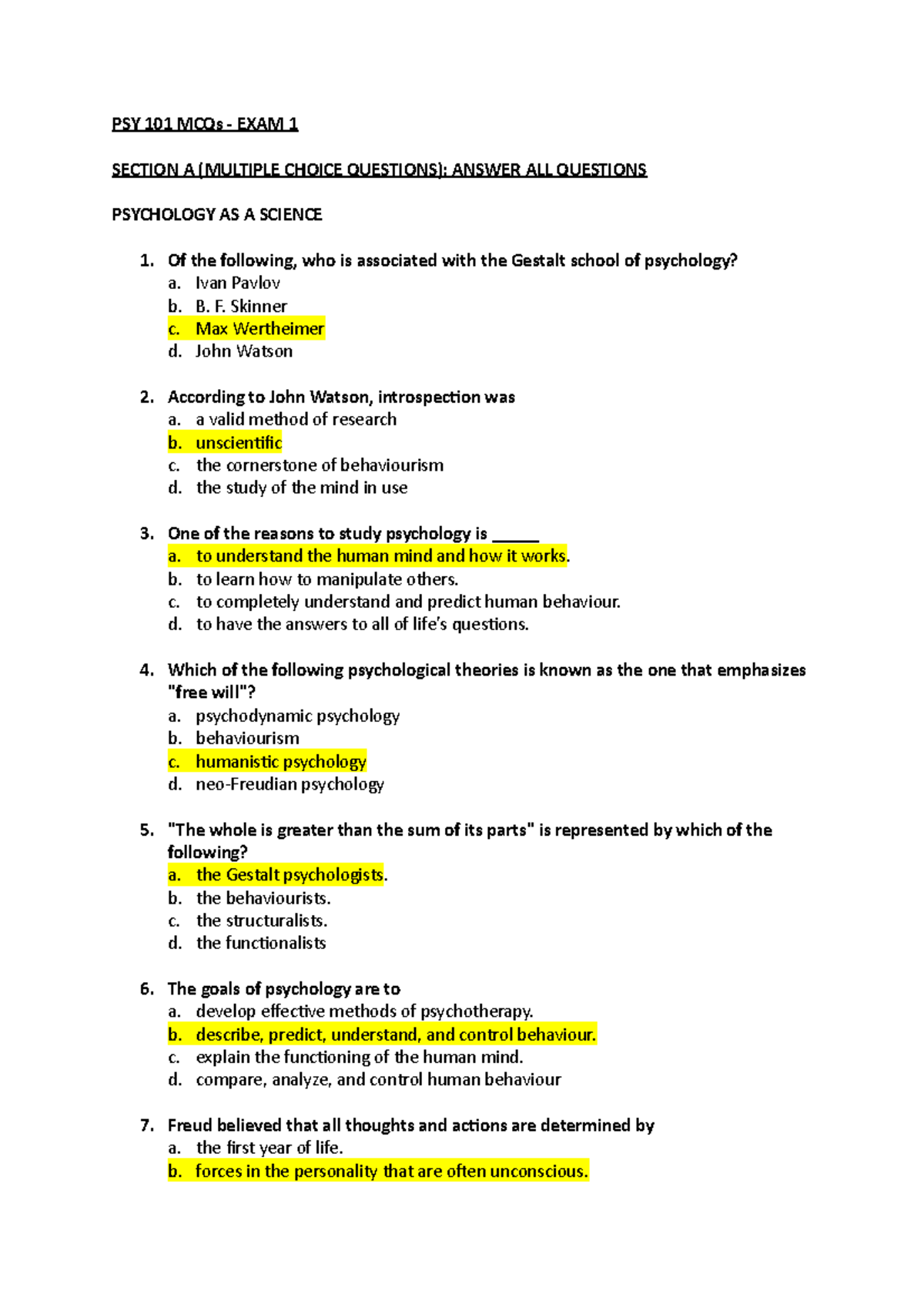 HCDP100 studypack - PSY 101 MCQs - EXAM 1 SECTION A (MULTIPLE CHOICE ...