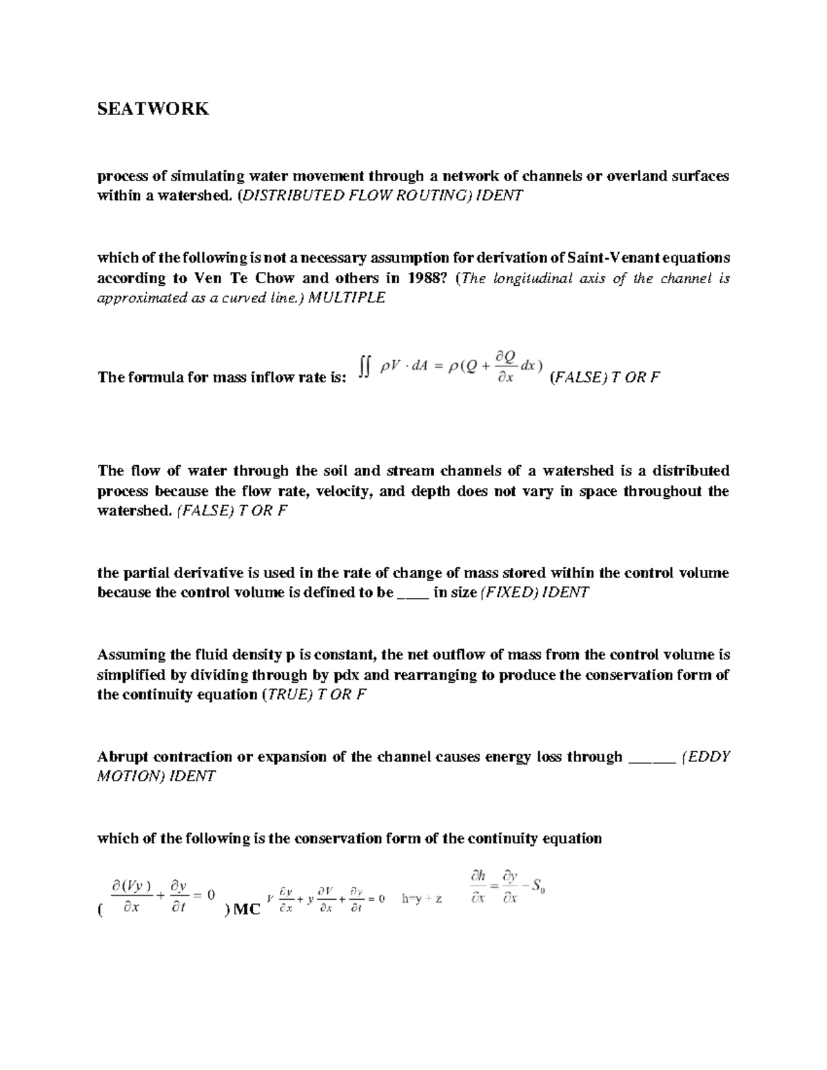 Seatwork-ans-key - SEATWORK process of simulating water movement ...