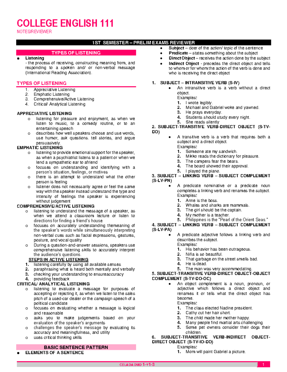 ENGL111REV - reviewer - COLLEGE ENGLISH 111 NOTES/REVIEWER CELADA DMD 1 ...