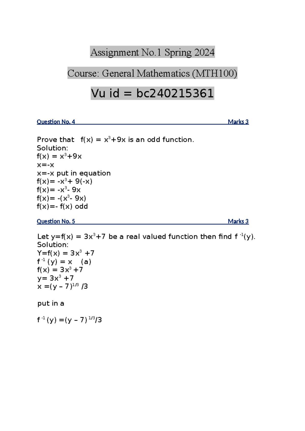 Mth100 file - Assignment No Spring 2024 Course: General Mathematics (MTH100) Vu id = bc Question ...
