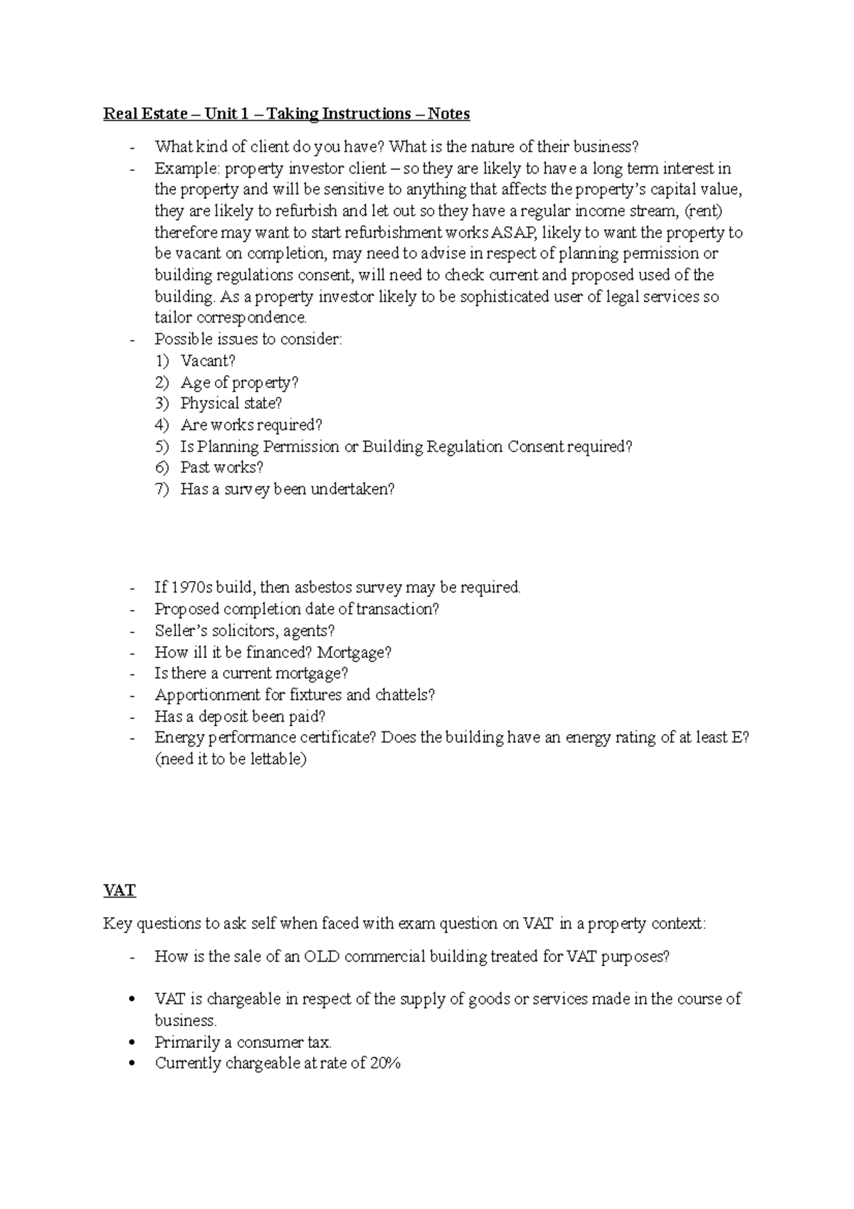 Unit 1 - Taking Instructions Revision Notes - Real Estate – Unit 1 ...