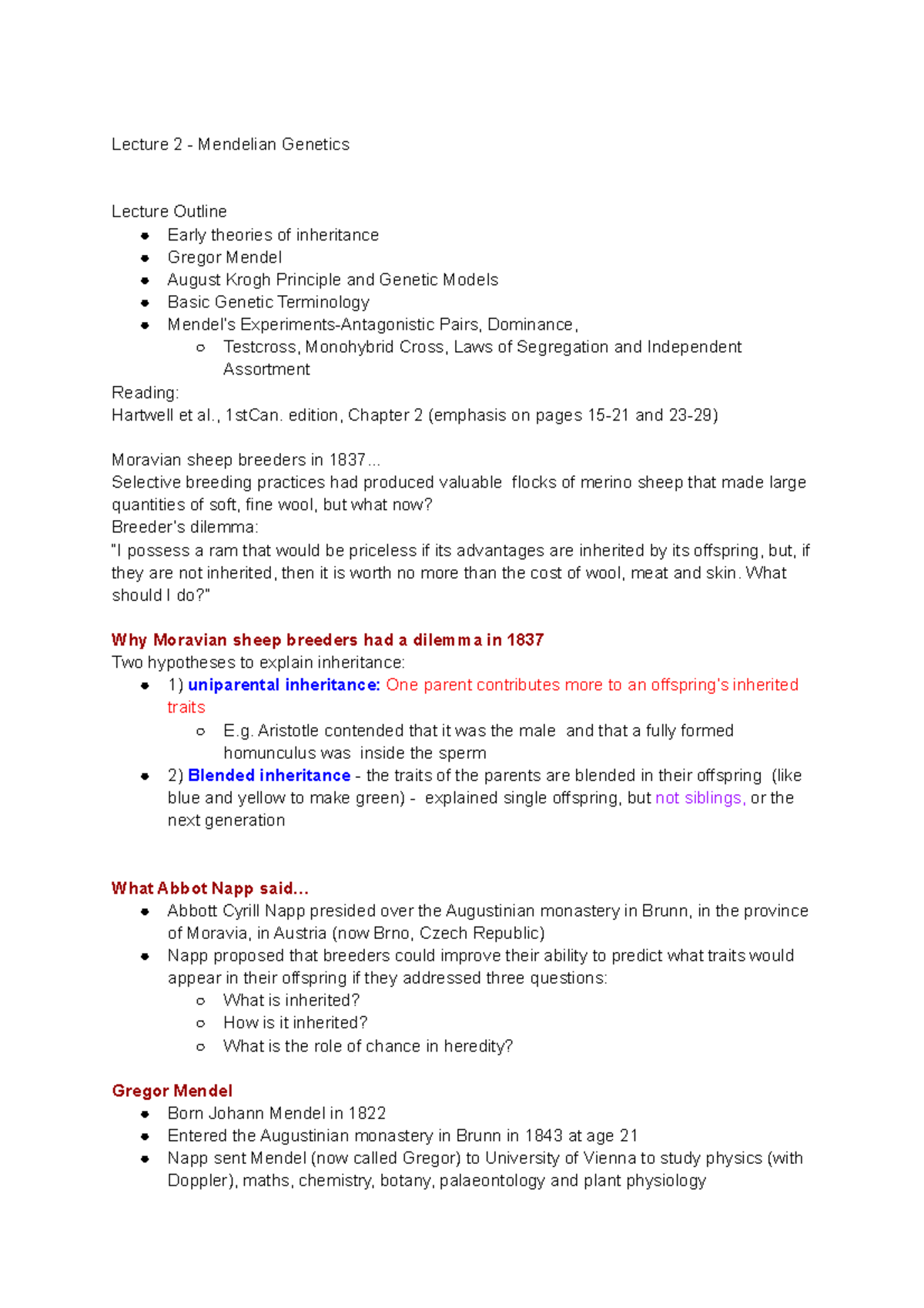 HMB265 Lecture Notes Lecture 2 - Mendelian Genetics - Lecture 2 ...