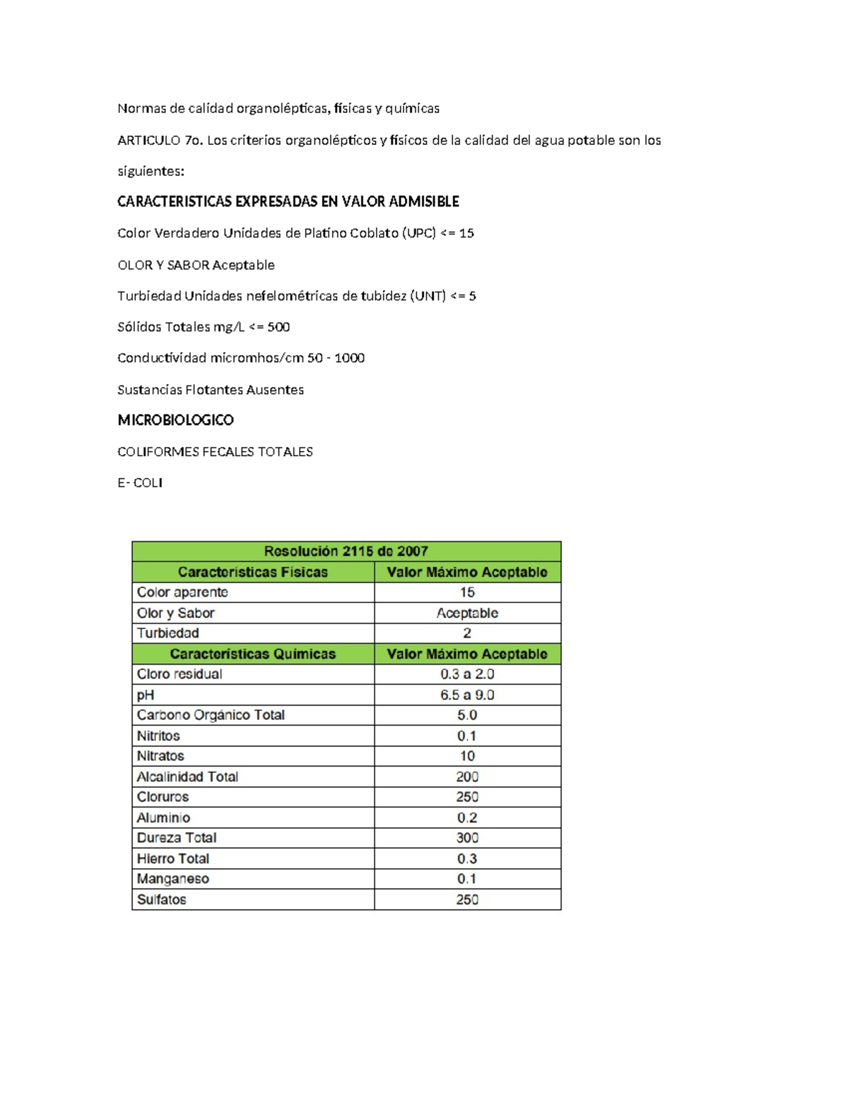 Normas de calidad organolépticas AGUA Potable - Cultura y sistema de gestión de la calidad - Studocu