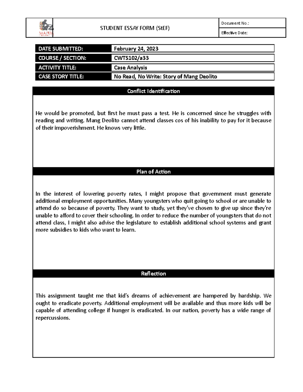 Garcia KM-CWTS102-A33-E2 - STUDENT ESSAY FORM (StEF) Document No ...