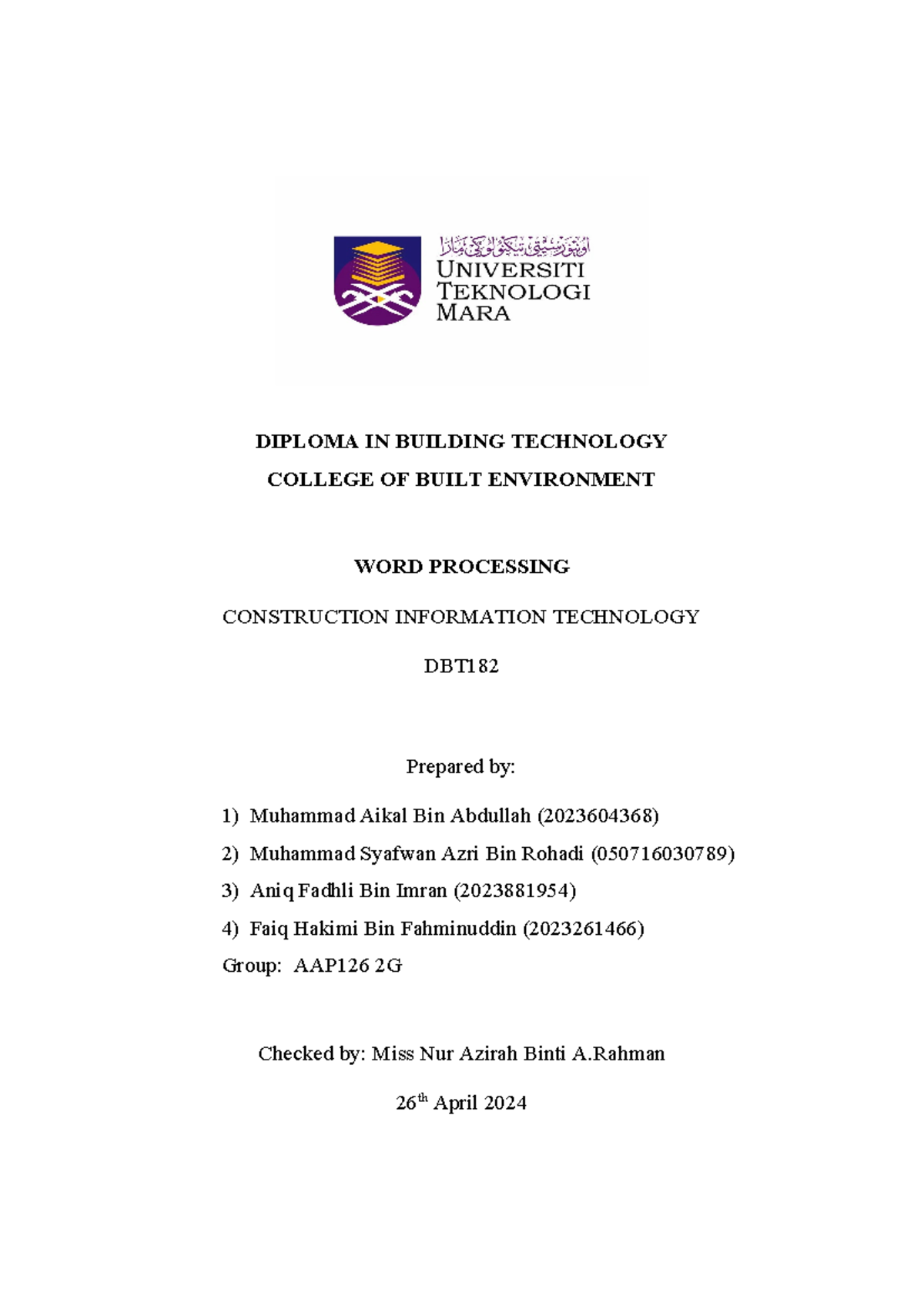 DBT 182 - ms word - Diploma in Building Technology - DIPLOMA IN ...