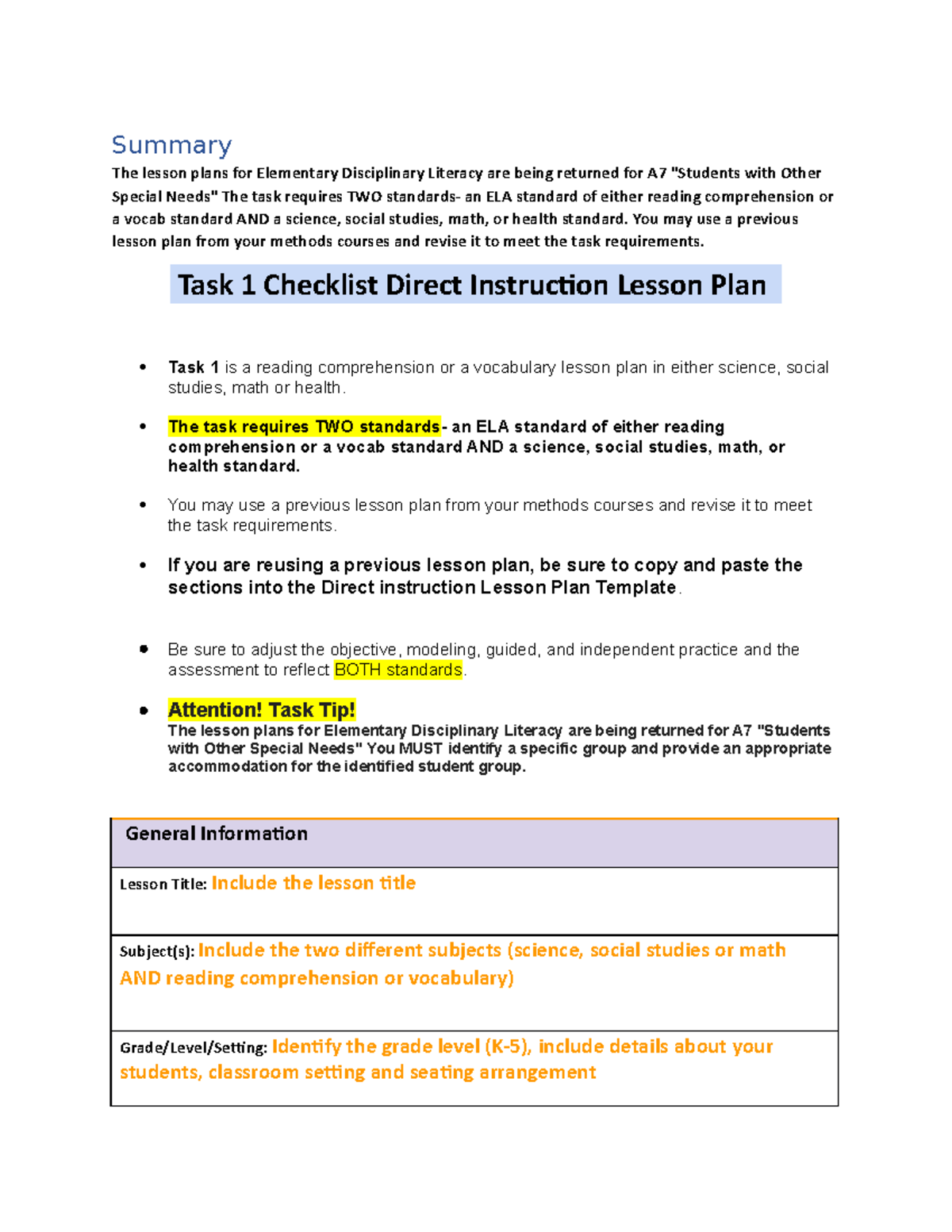 Task 1 Checklist - Task list - Summary The lesson plans for Elementary ...