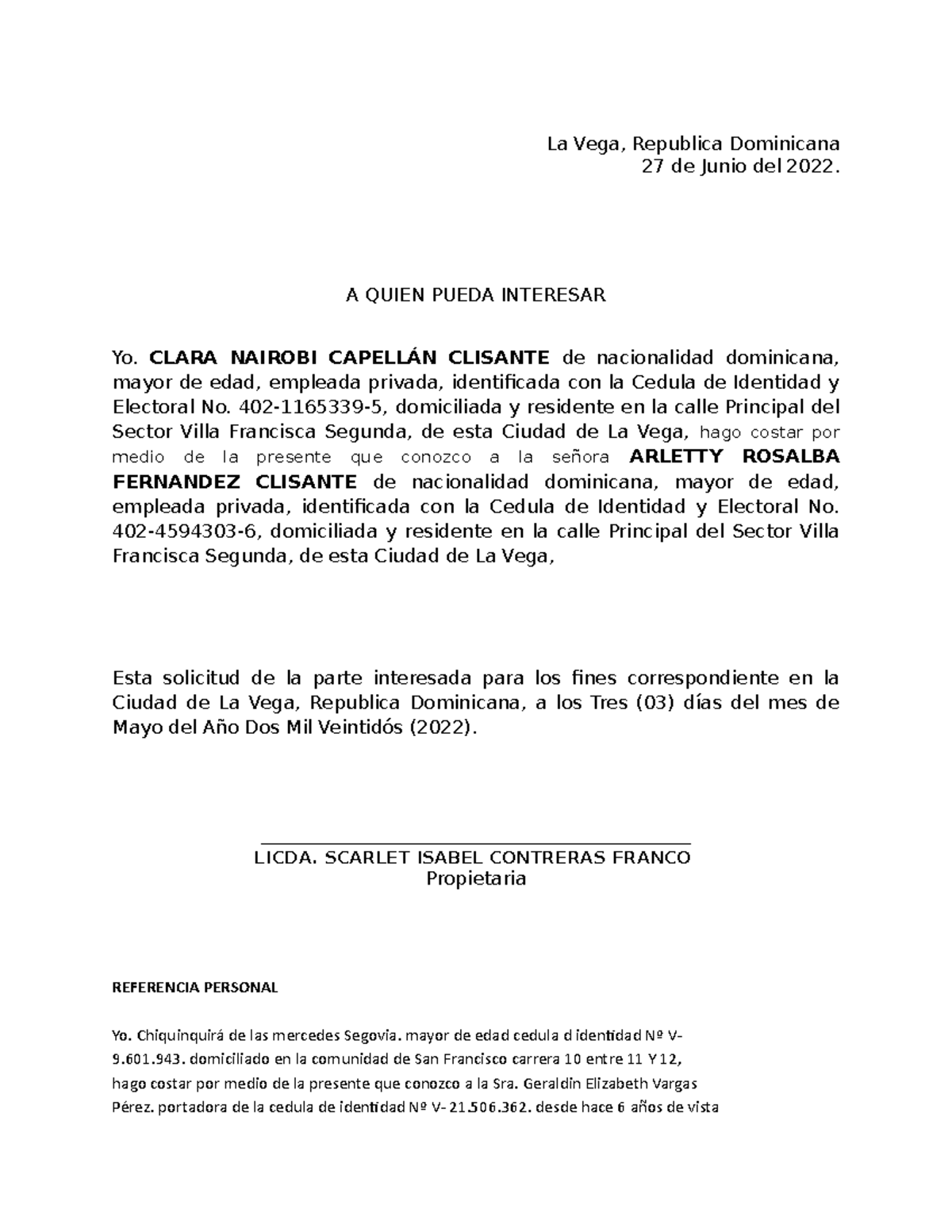 Carta referencia - apuntes - La Vega, Republica Dominicana 27 de Junio ...