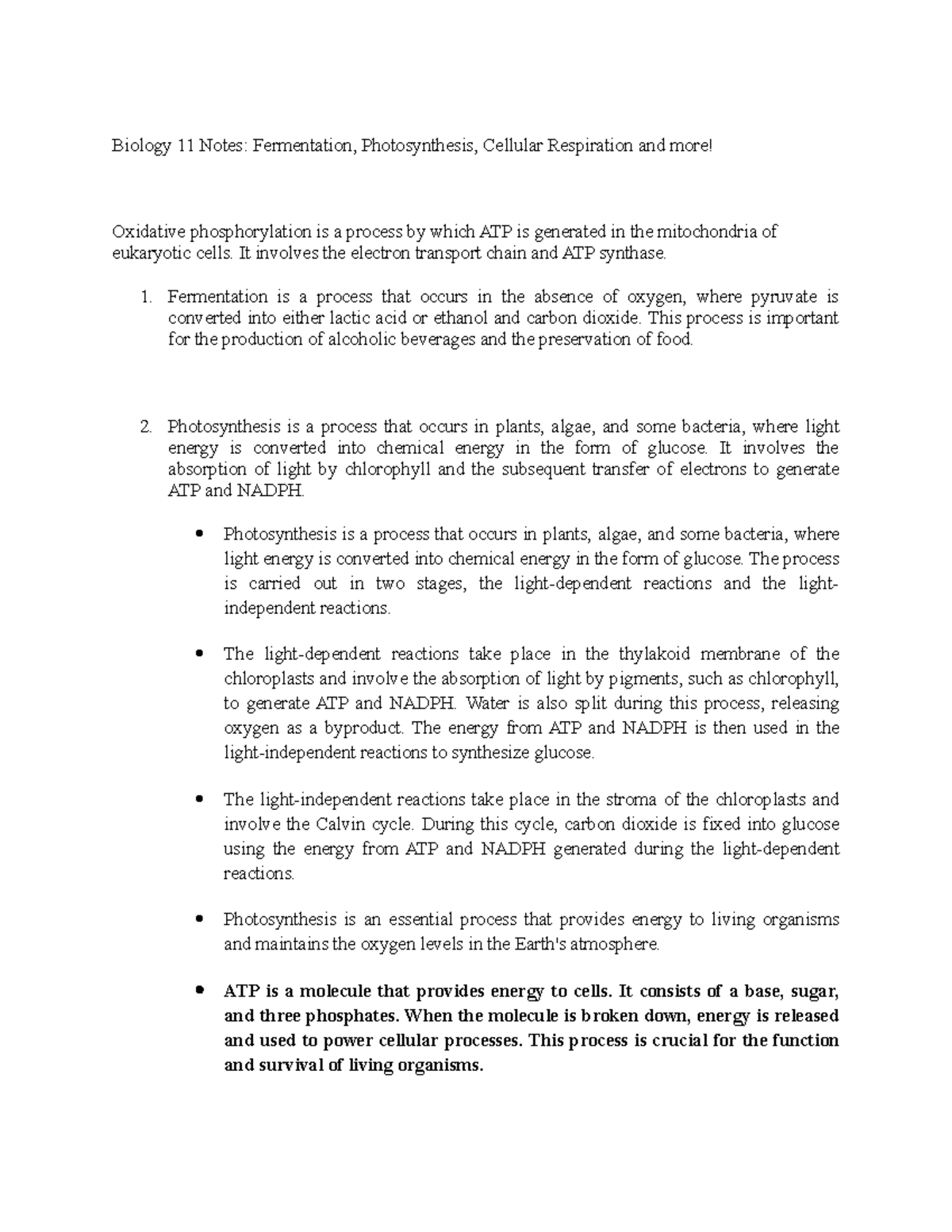 Biology 11 Notes- Fermentation, Photosynthesis, Cellular Respiration ...