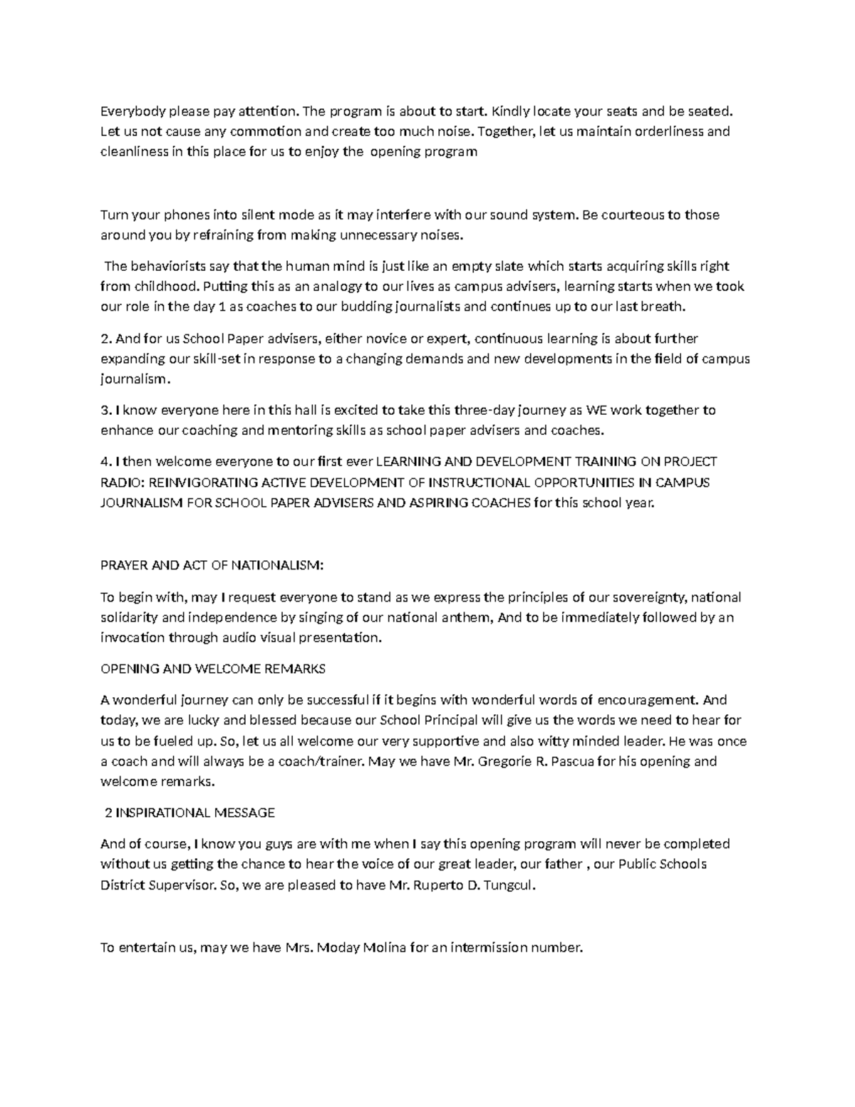 script master of ceremony - Everybody please pay attention. The program ...