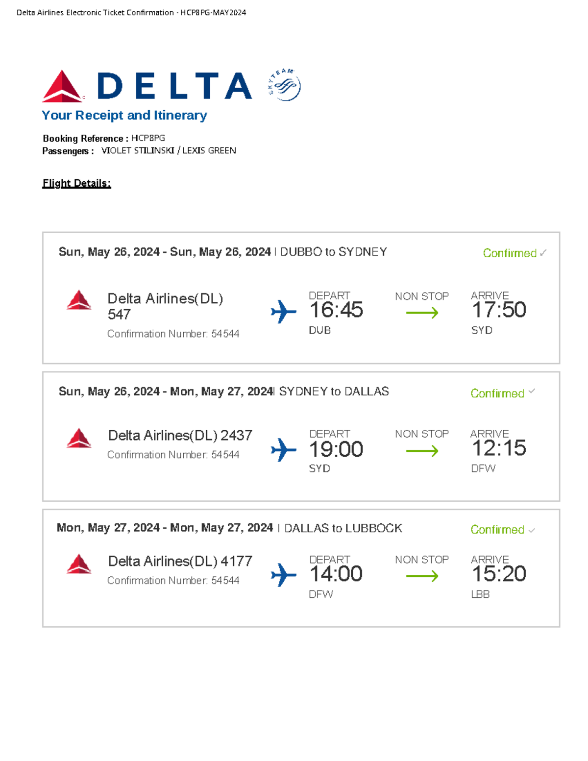DBB TX Delta airlines ticket Delta Airlines DL Confirmation Number