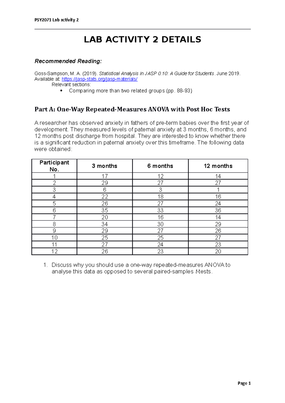 PSY2071 Lab Activity 2 JASP Instructions - LAB ACTIVITY 2 DETAILS ...