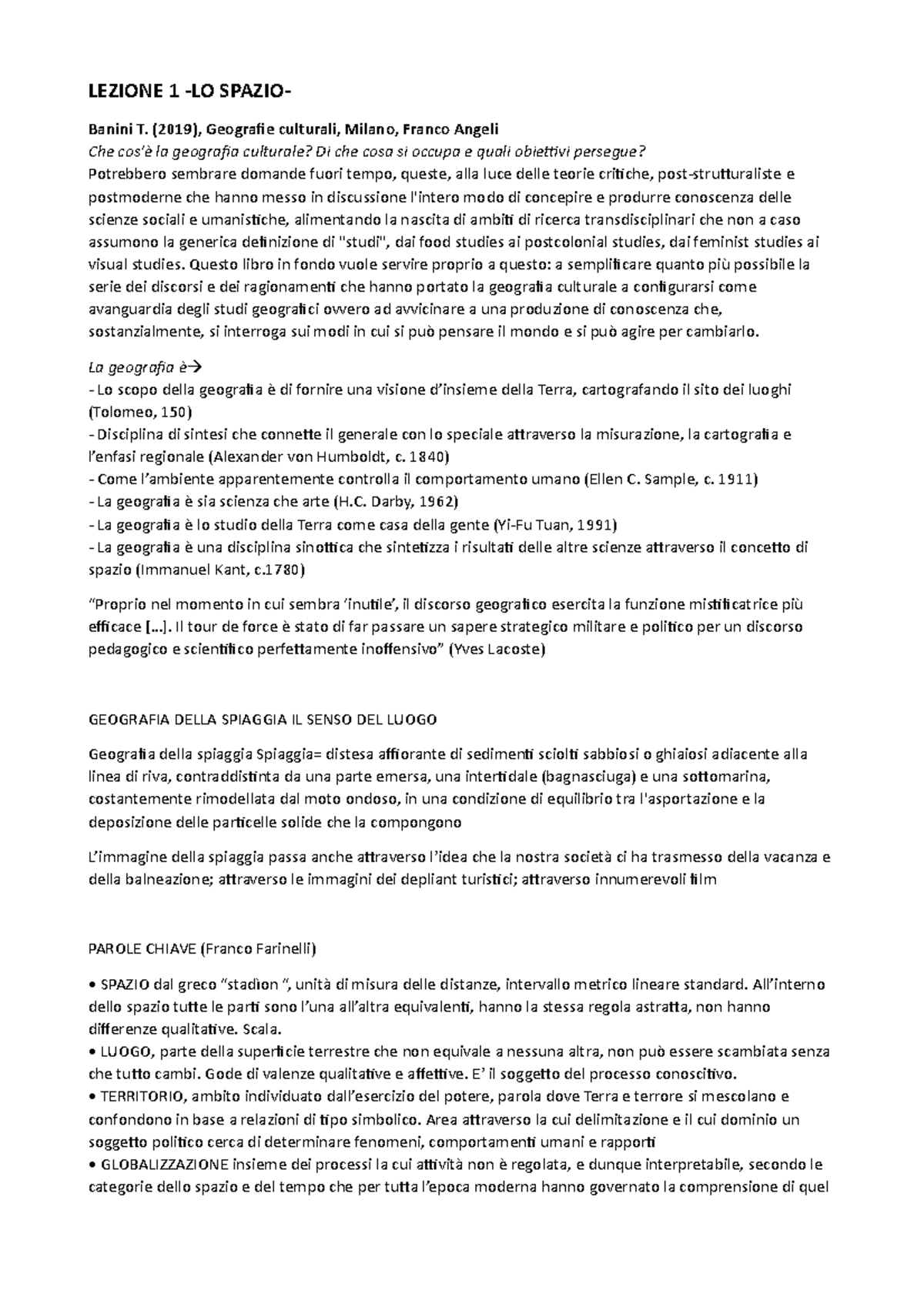 Lezione 1 - LEZIONE 1 SPAZIOBanini T. (2019), Geografie culturali ...