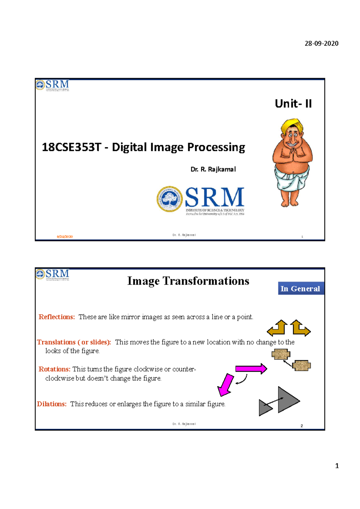 DIP-Unit-II - DIP-Unit-II - ####### 9/28/2020 Dr. R. Rajkamal 1 Dr. R. Rajkamal 18CSE353T ...