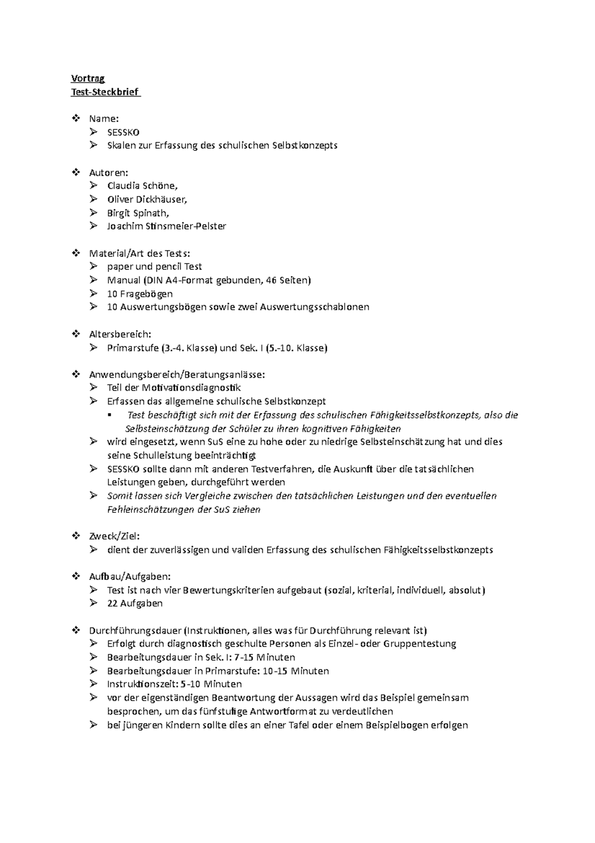 Vortrag zum Teststeckbrief - Vortrag Test-Steckbrief Name: SESSKO ...