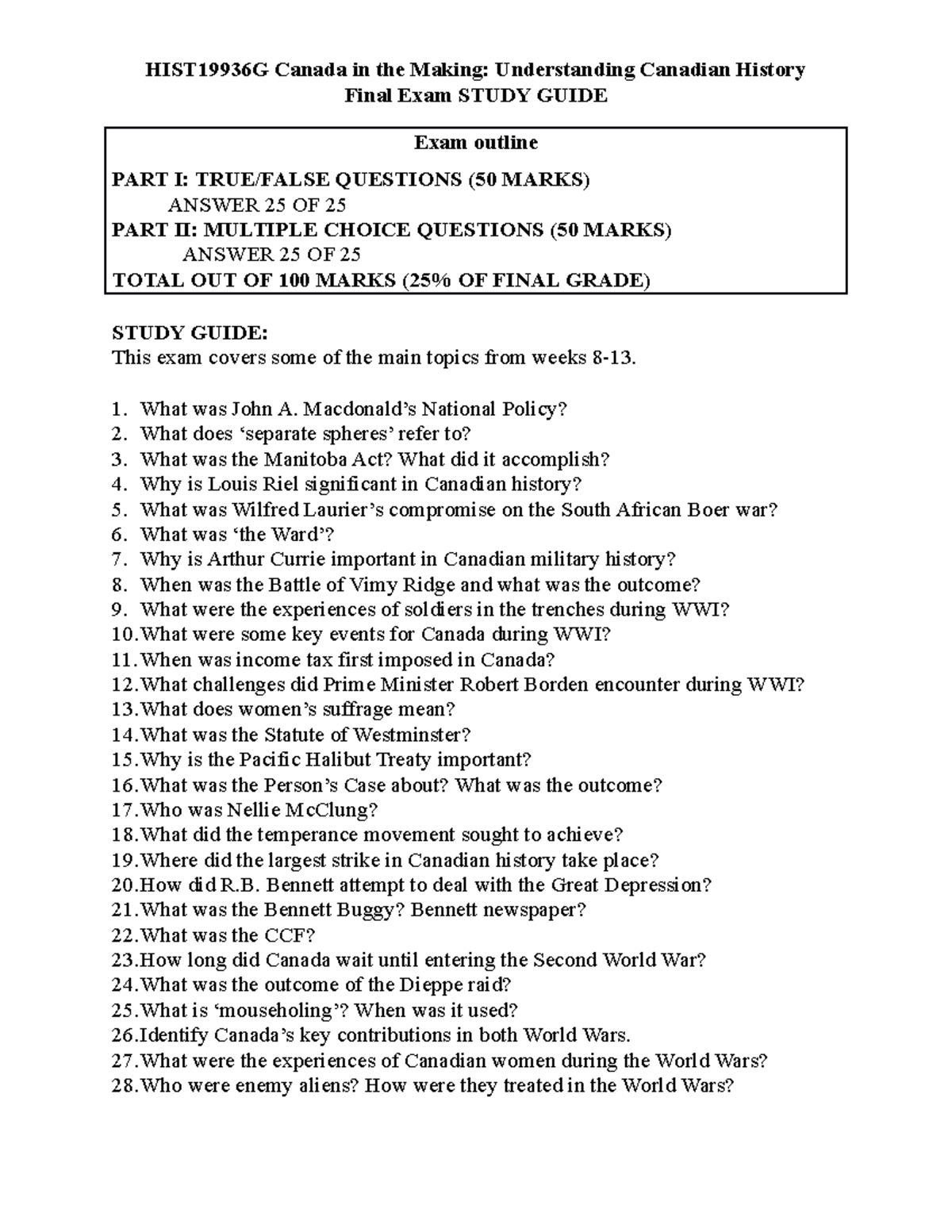 Mid Term Study Guide 2019 - HIST19936G Canada in the Making ...