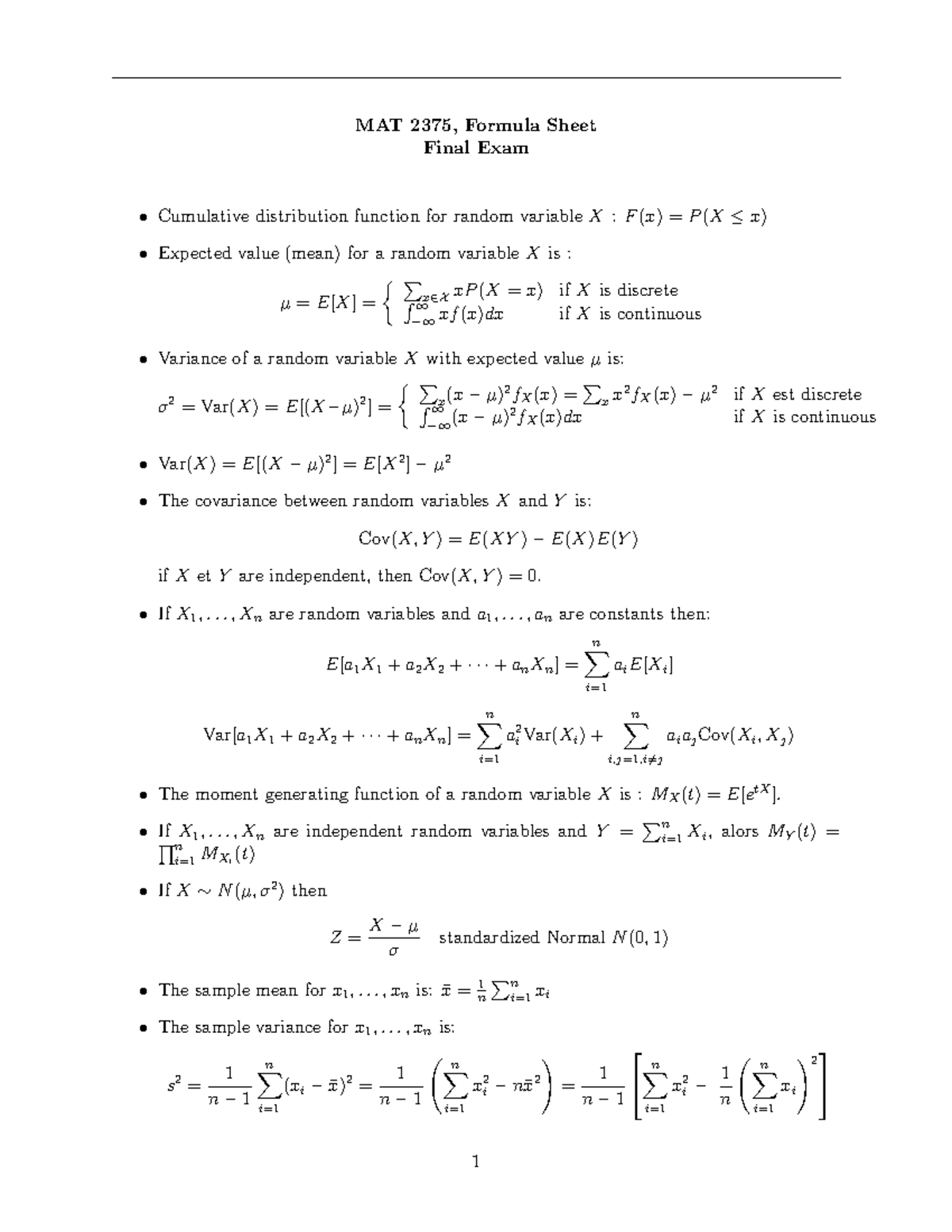 Formula Sheet - MAT 2375, Formula Sheet Final Exam Cumulative ...