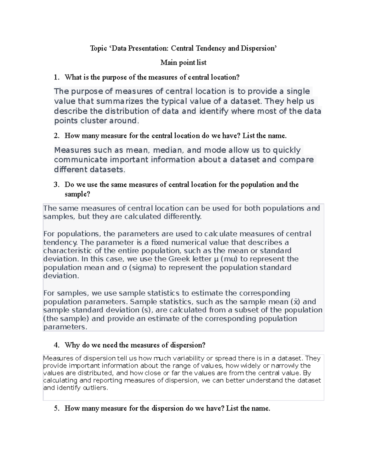 Main point list lec3 - Topic ‘Data Presentation: Central Tendency and ...