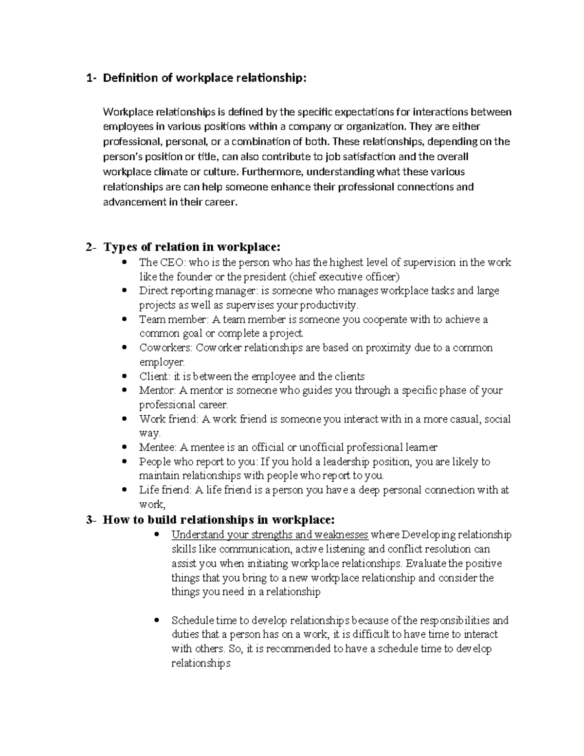 Workplace relationships - 1- Definition of workplace relationship ...