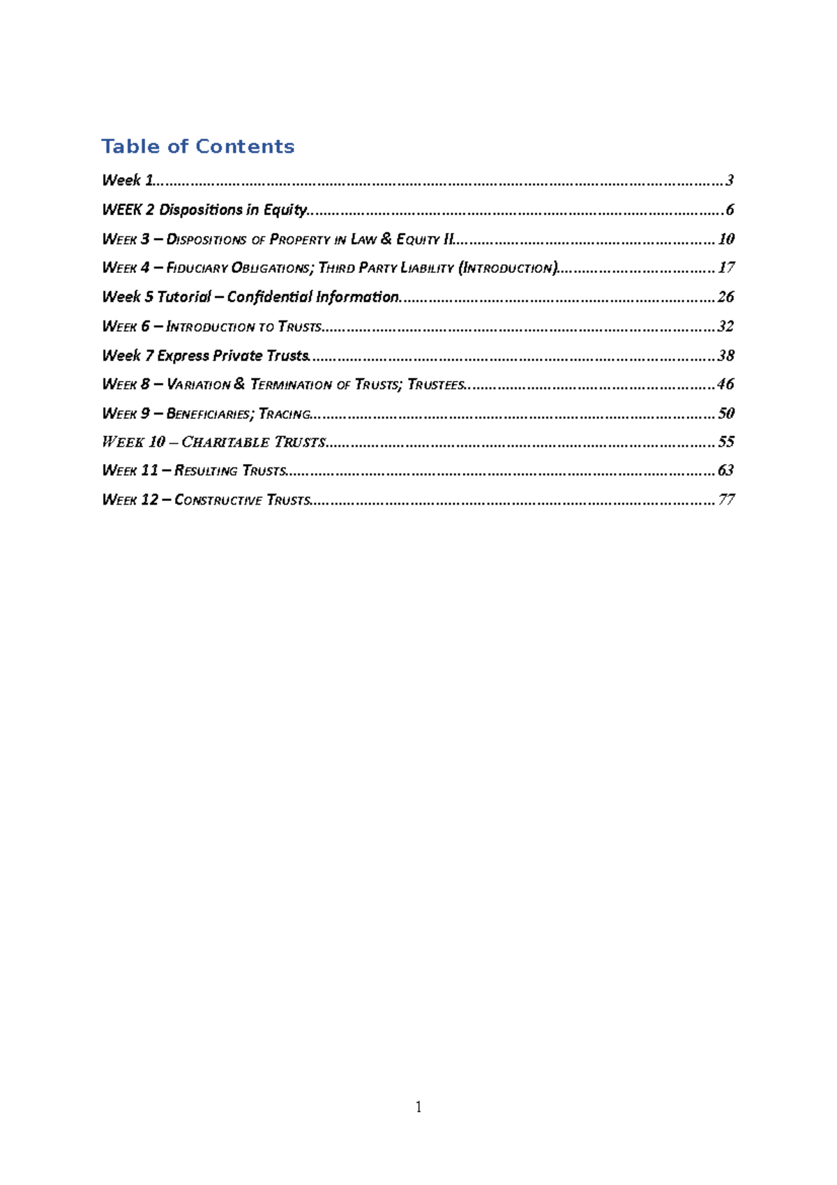Equity and Trusts Tutorial Notes - Table of Contents Week - Studocu