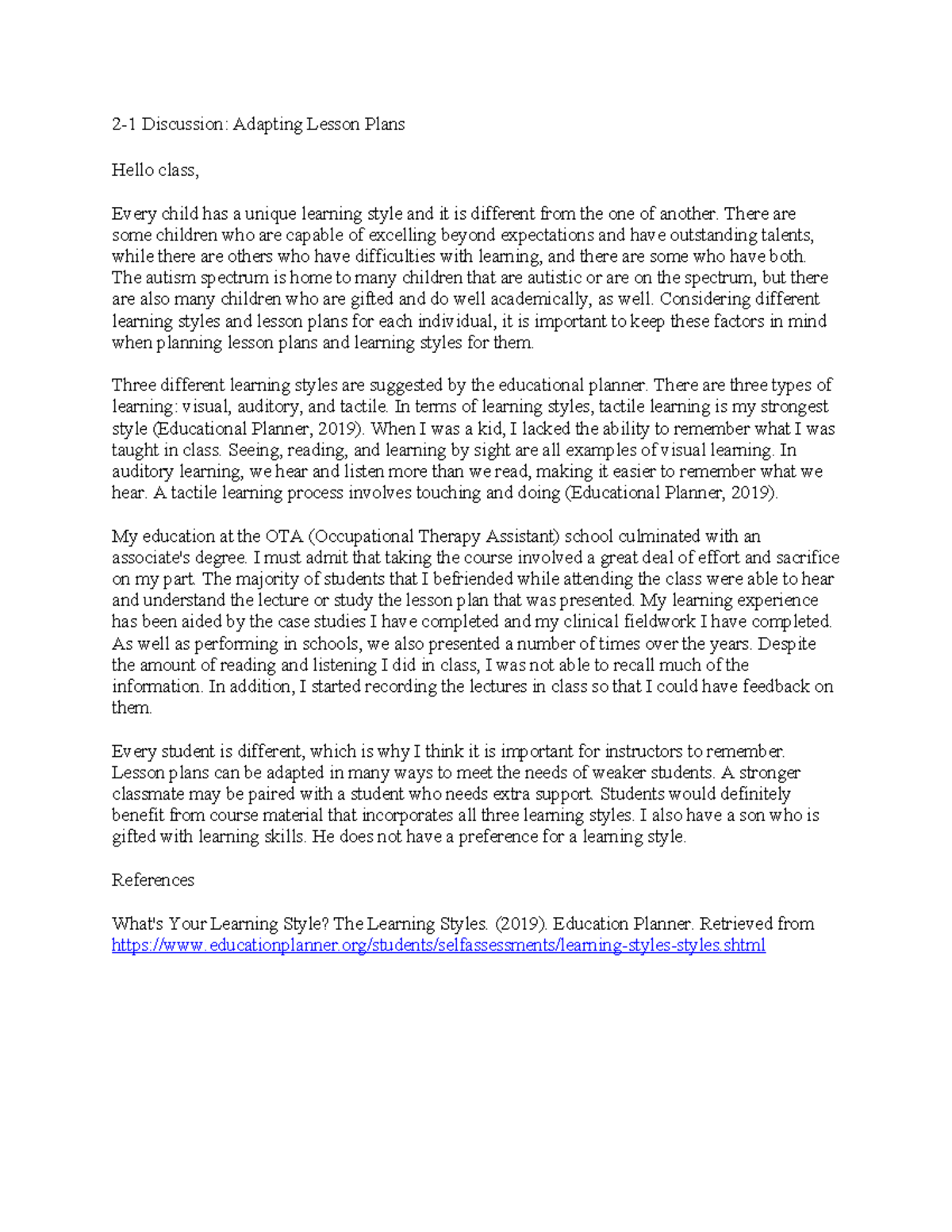 2-1 Disc - 2-1 Discussion: Adapting Lesson Plans Hello class, Every ...