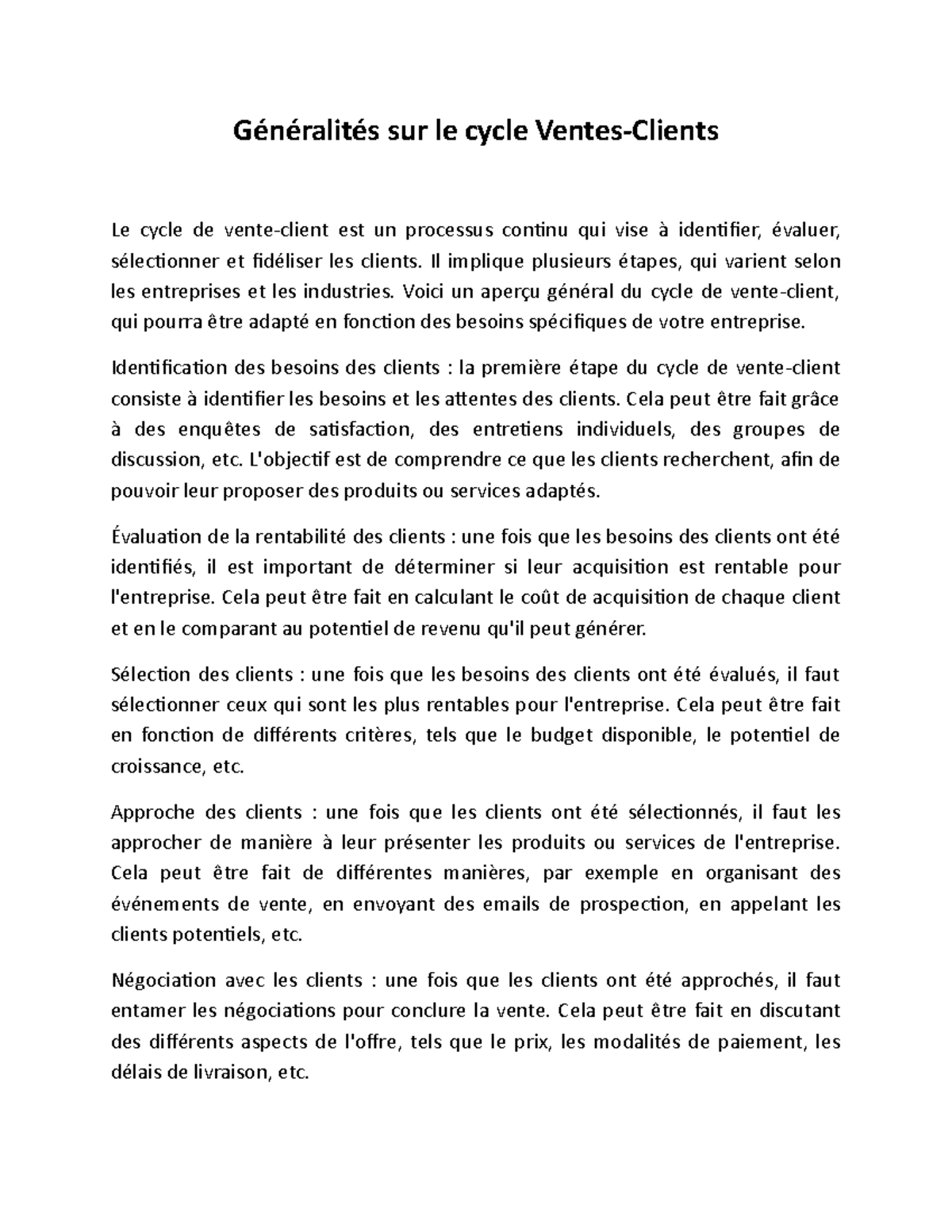 Généralités sur le cycle Ventes-Clients - Généralités sur le cycle ...
