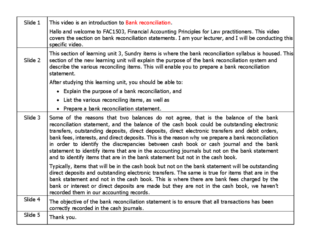 Transcript for the introduction to Bank reconciliation video - Slide 1 ...