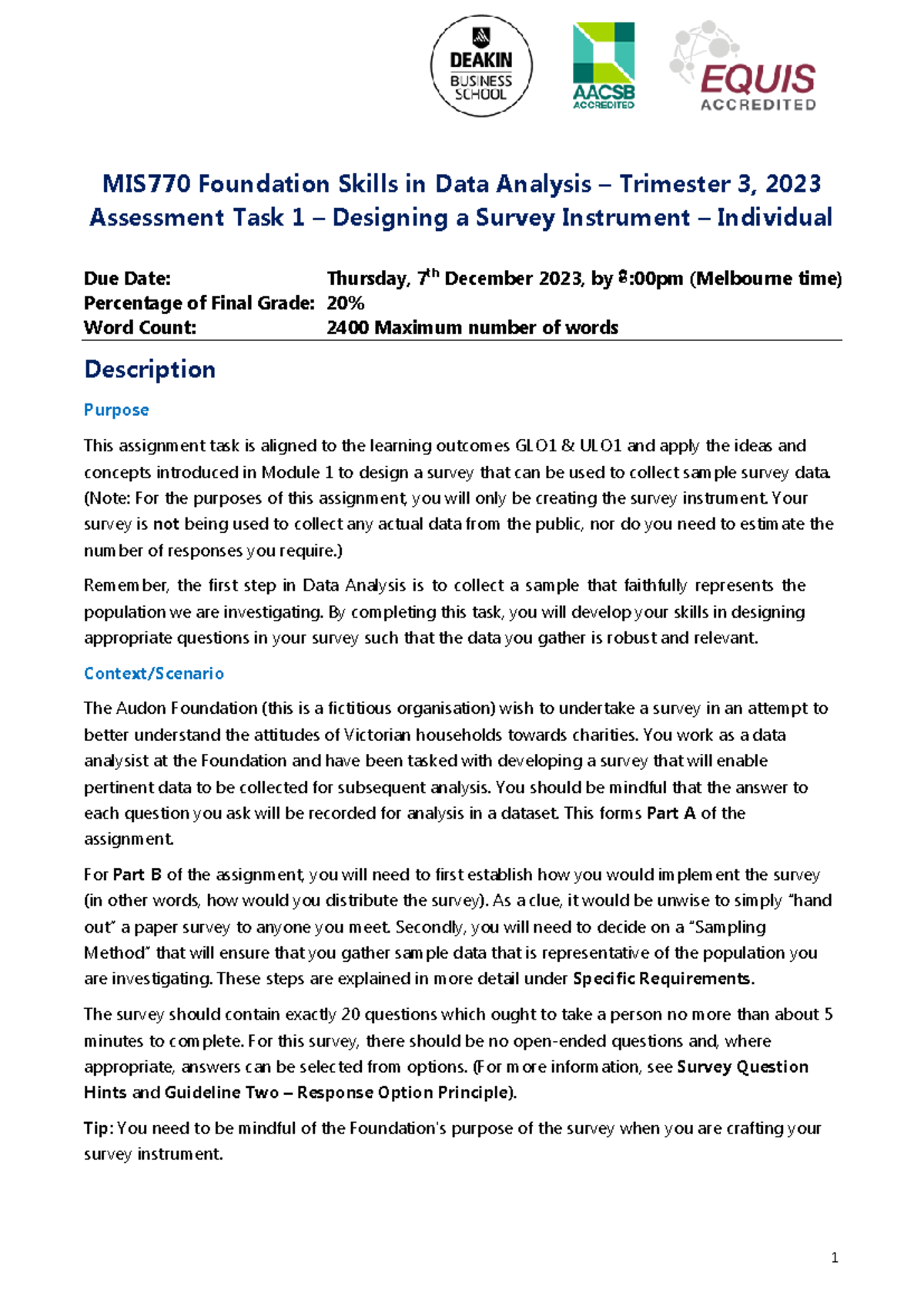 MIS770 T3 2023 Assessment One - 1 MIS770 Foundation Skills in Data ...