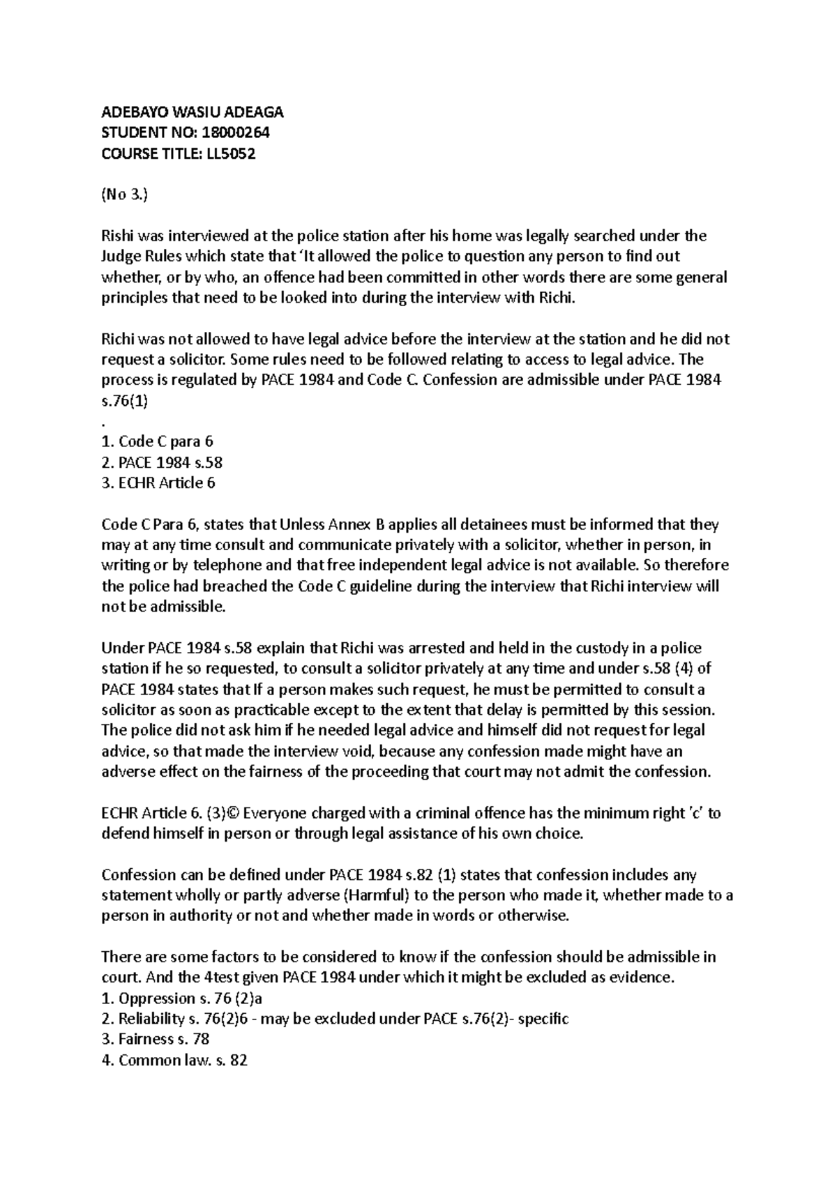 LL5052 Law of Evidence - ADEBAYO WASIU ADEAGA STUDENT NO: 18000264 ...