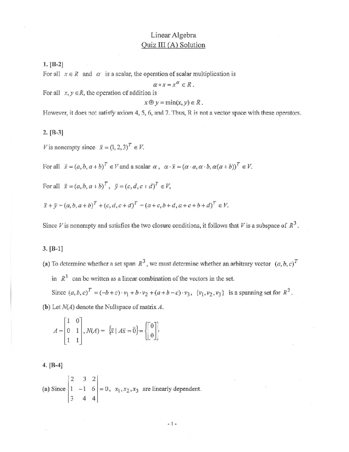 線性代數Ans 3 1 - 線性代數Ans 3 1 - Computer Science - Studocu