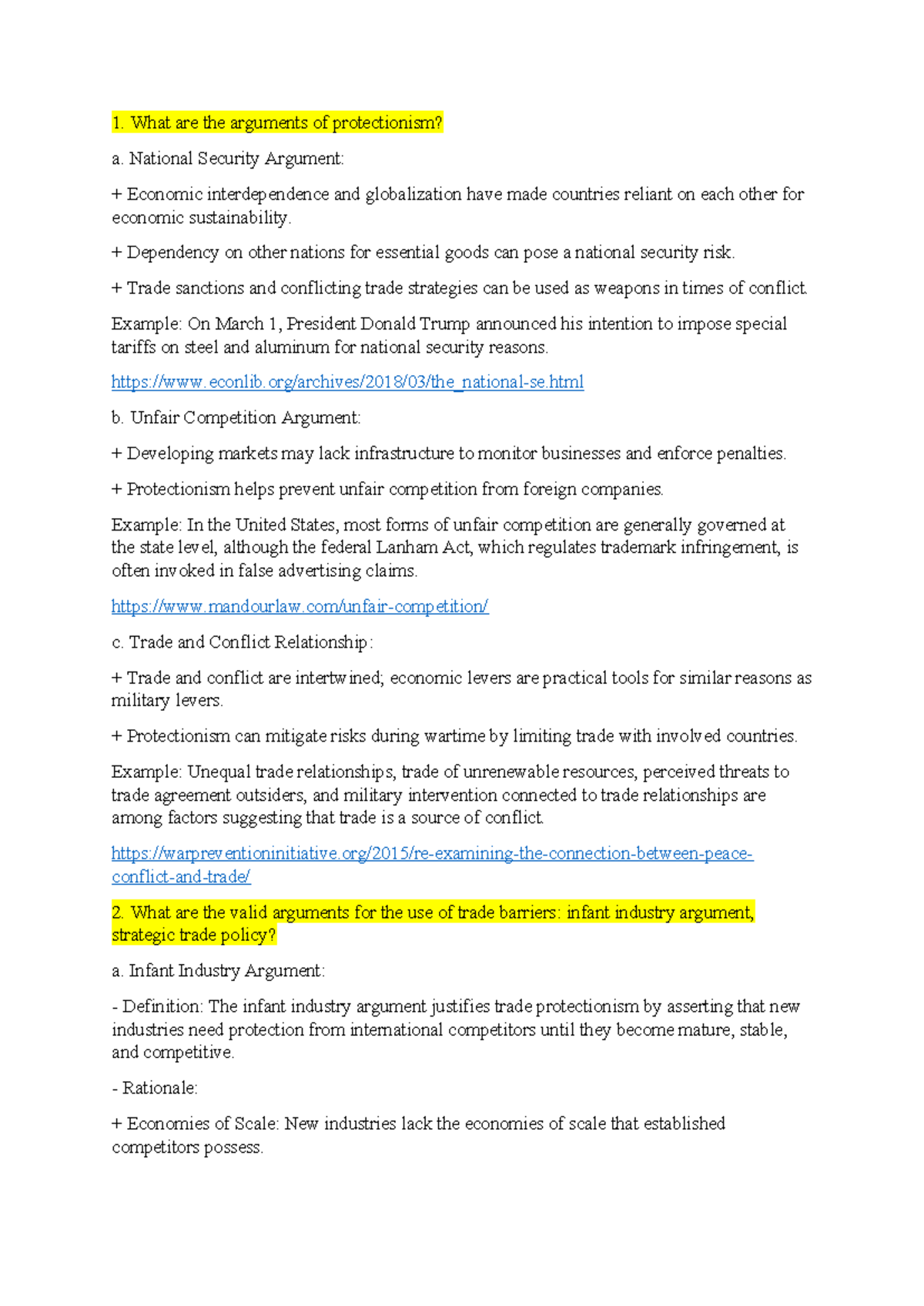 What are the valid arguments for the use of trade barriers infant ...